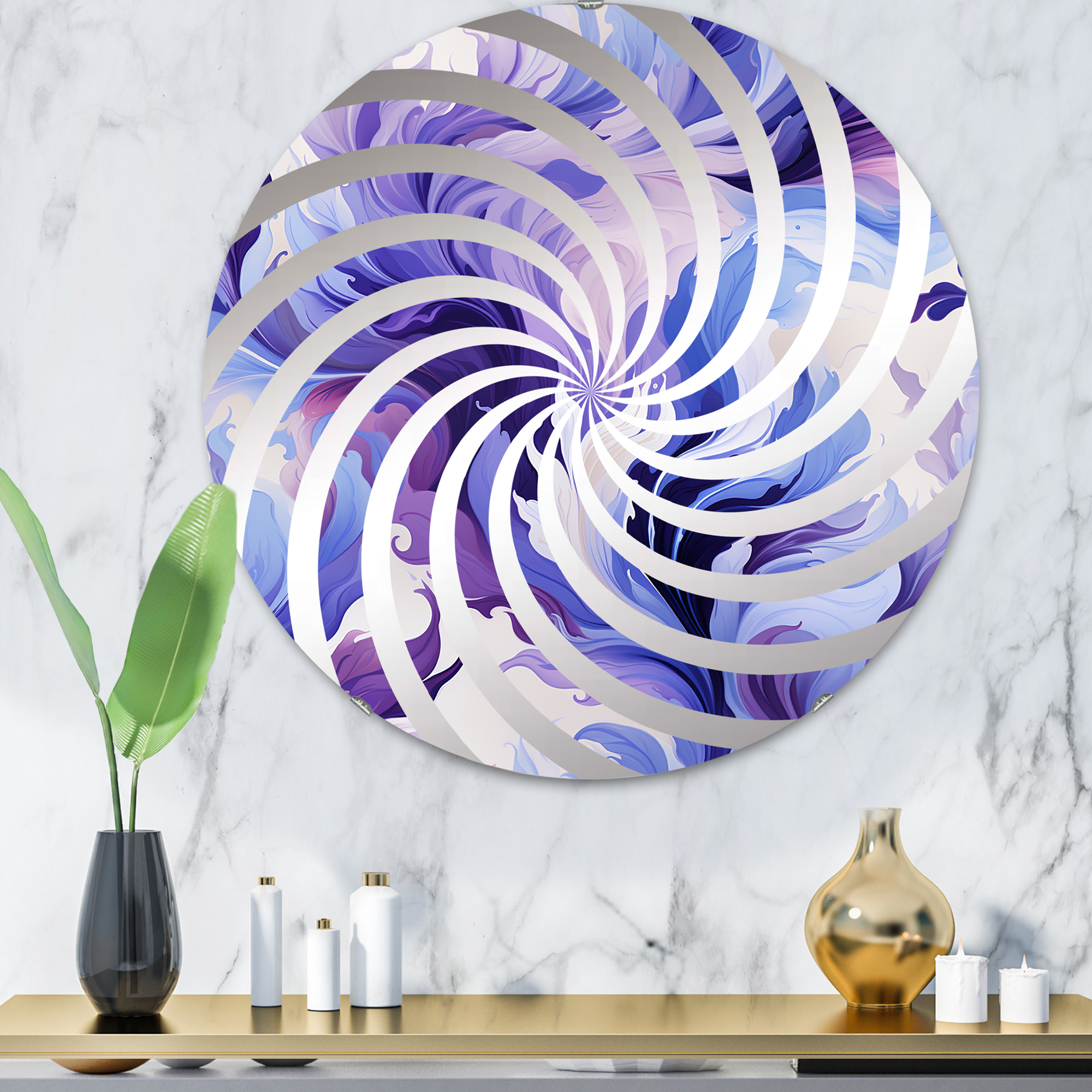 Designart "Ikat Whimsy in Purple and Blue" Floral Vortex Round Wall ...