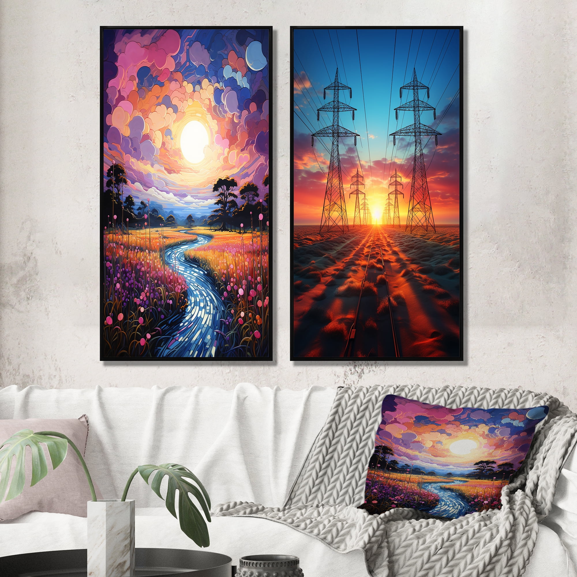 Designart "Illuminated Vistas Power Lines painting" Power Lines Framed ...