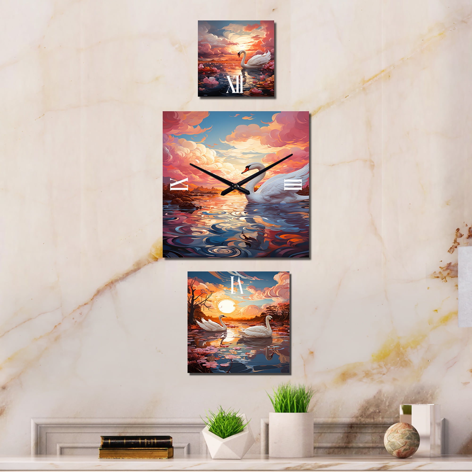 Designart "Illusory Grace of Swans" Swans Oversized Wall Clock - Set Of ...