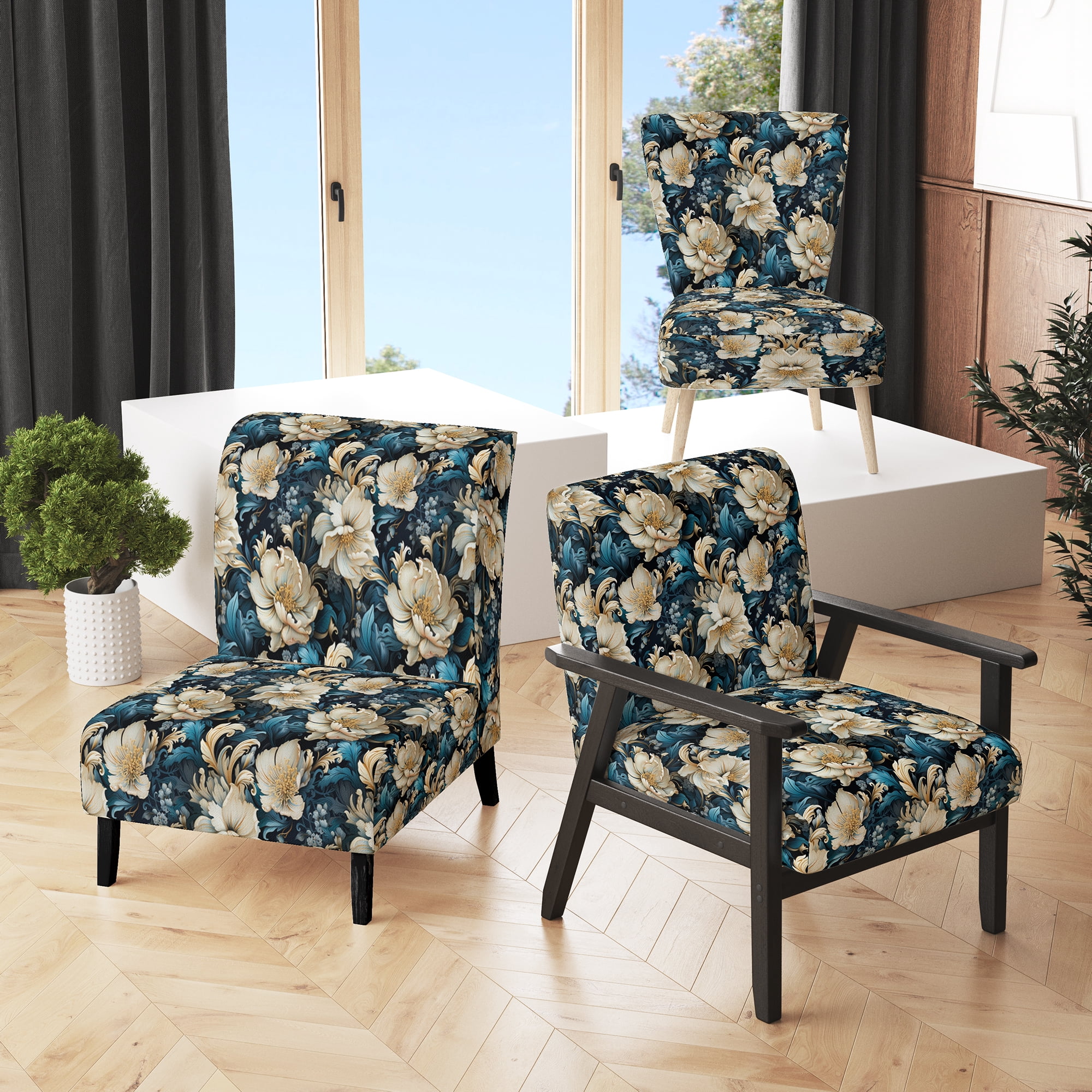 Designart "Imperial Paisley Flora" Blue Damask Upholstered Accent Chair ...