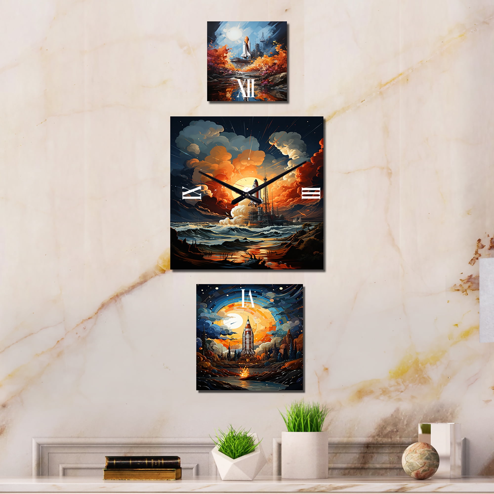 Designart "Impressionistic Space Journey" Rocketship Extra large Clock ...