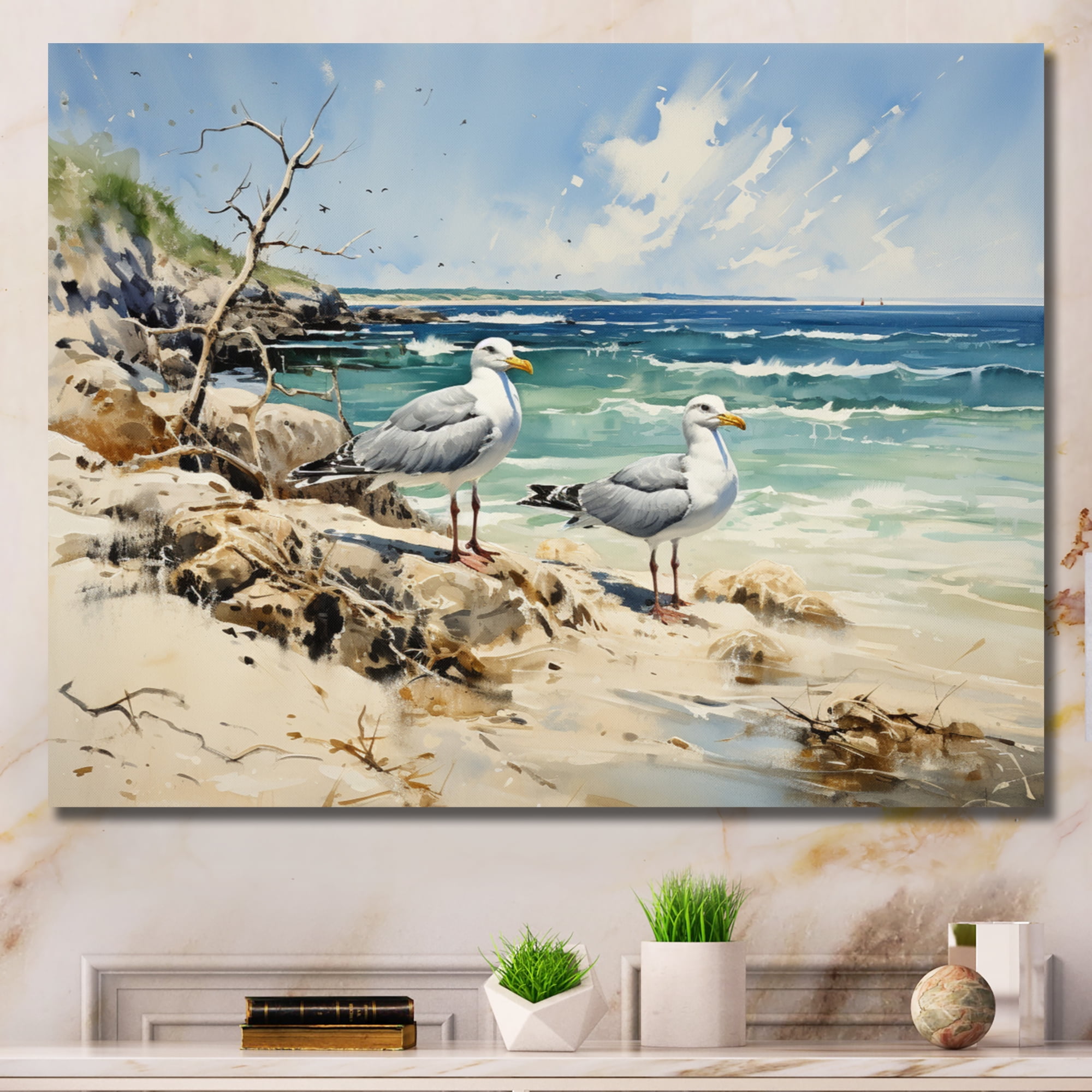Designart "In Flight Beach Seagulls I" Nautical & Beach Wall Decor ...
