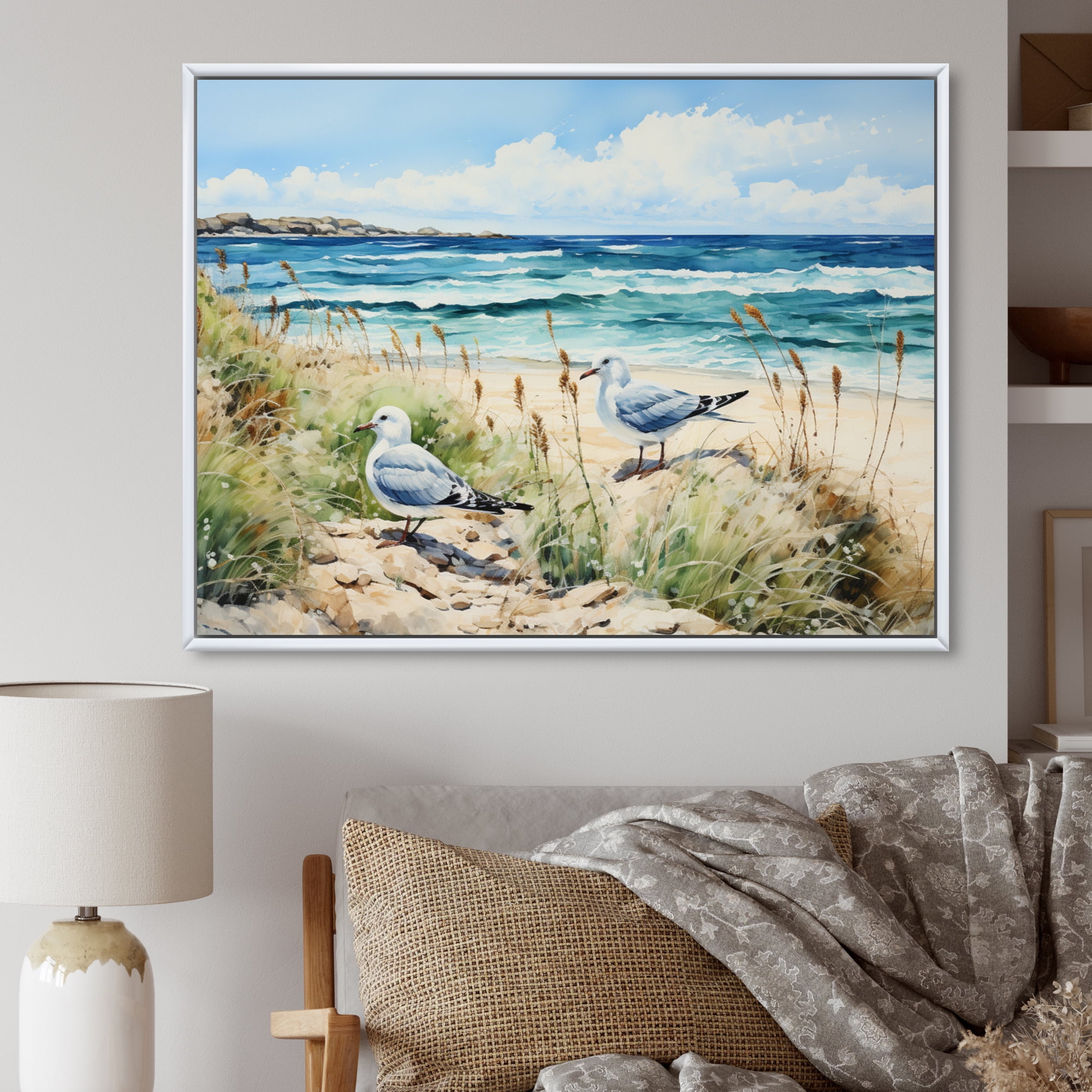 Designart "In Flight Beach Seagulls III" Nautical & Beach Floater ...