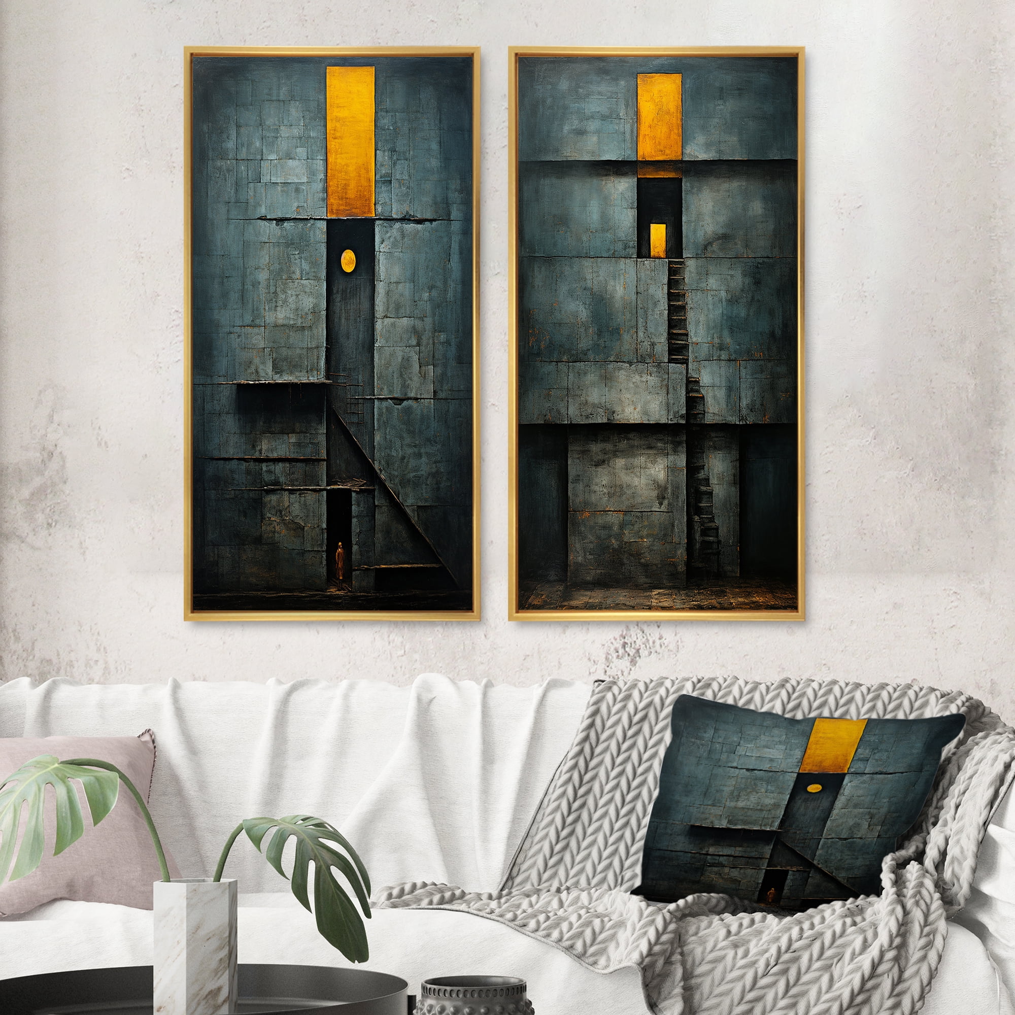 Designart "Indigo Stairway Minimal Grace I" Modern Geometric Framed ...