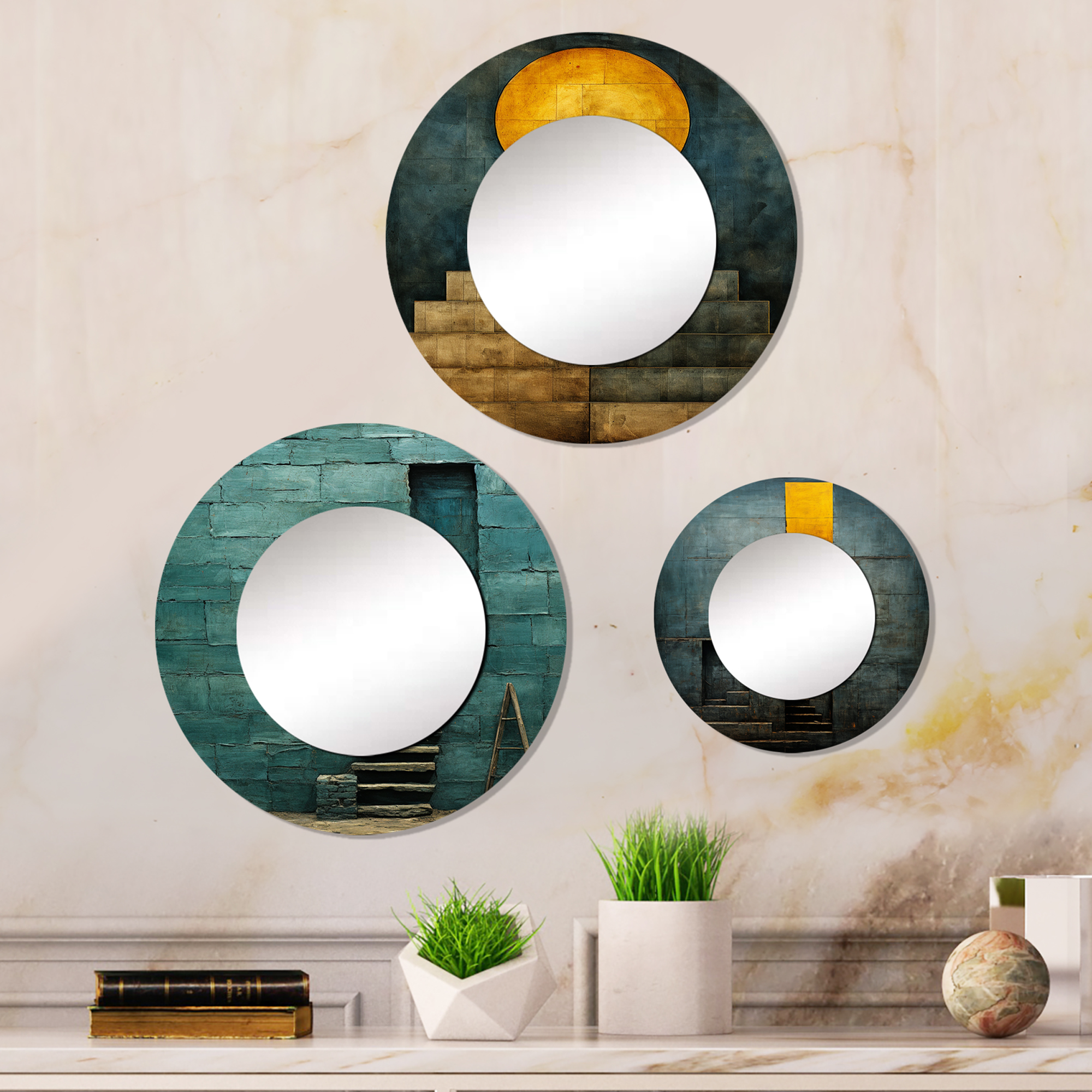 Designart "Indigo Stairway Minimal Grace VI" Transitional Round Mirror ...