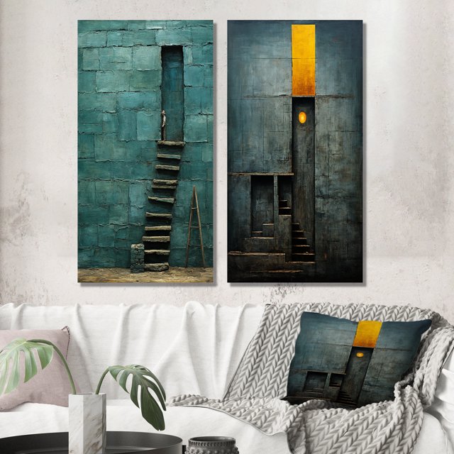 Designart "Indigo Stairway Minimal Grace VI" Transitional Wall Art Set ...