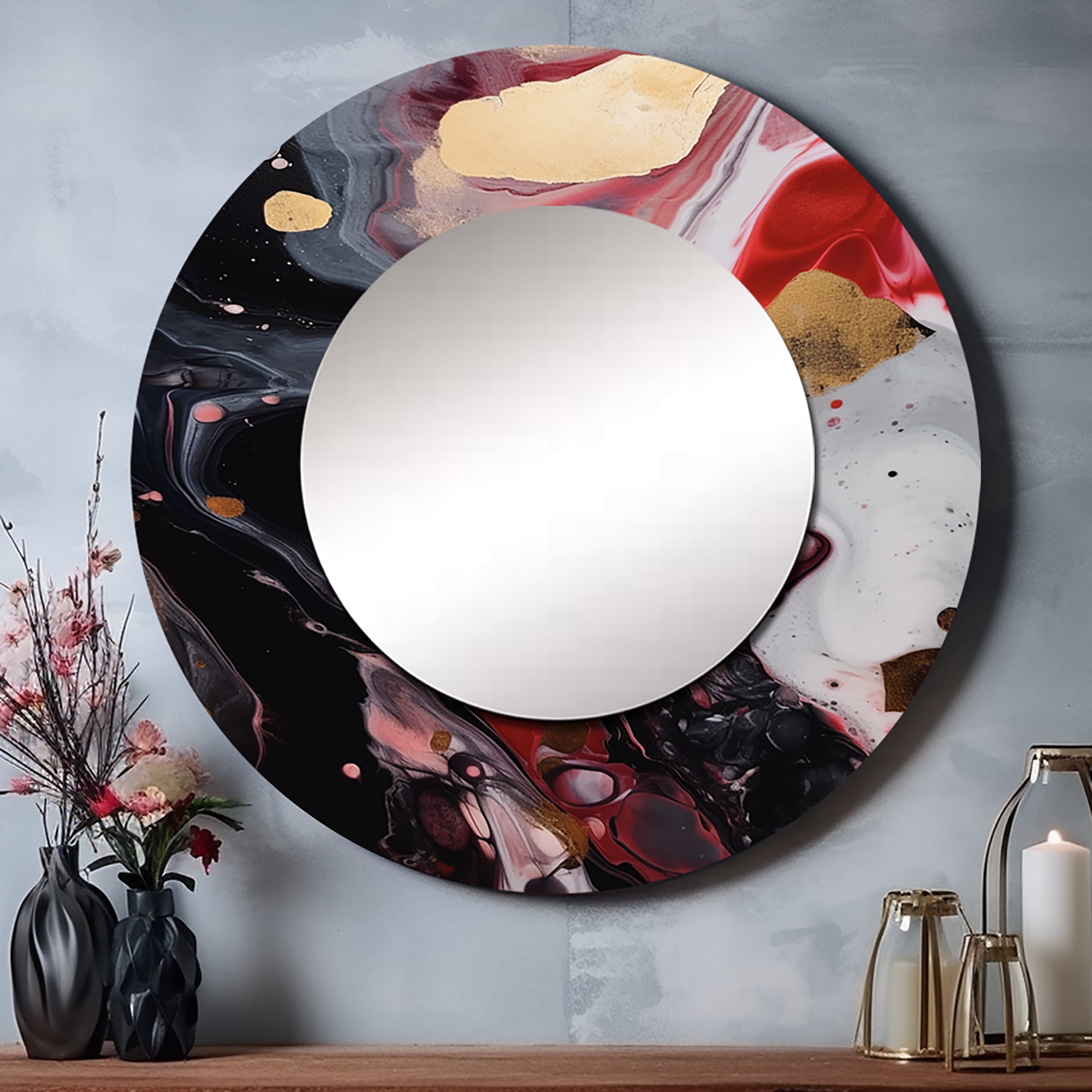 Designart "Infused Marble in Red and Black" Abstract Marble Rund Mirror ...