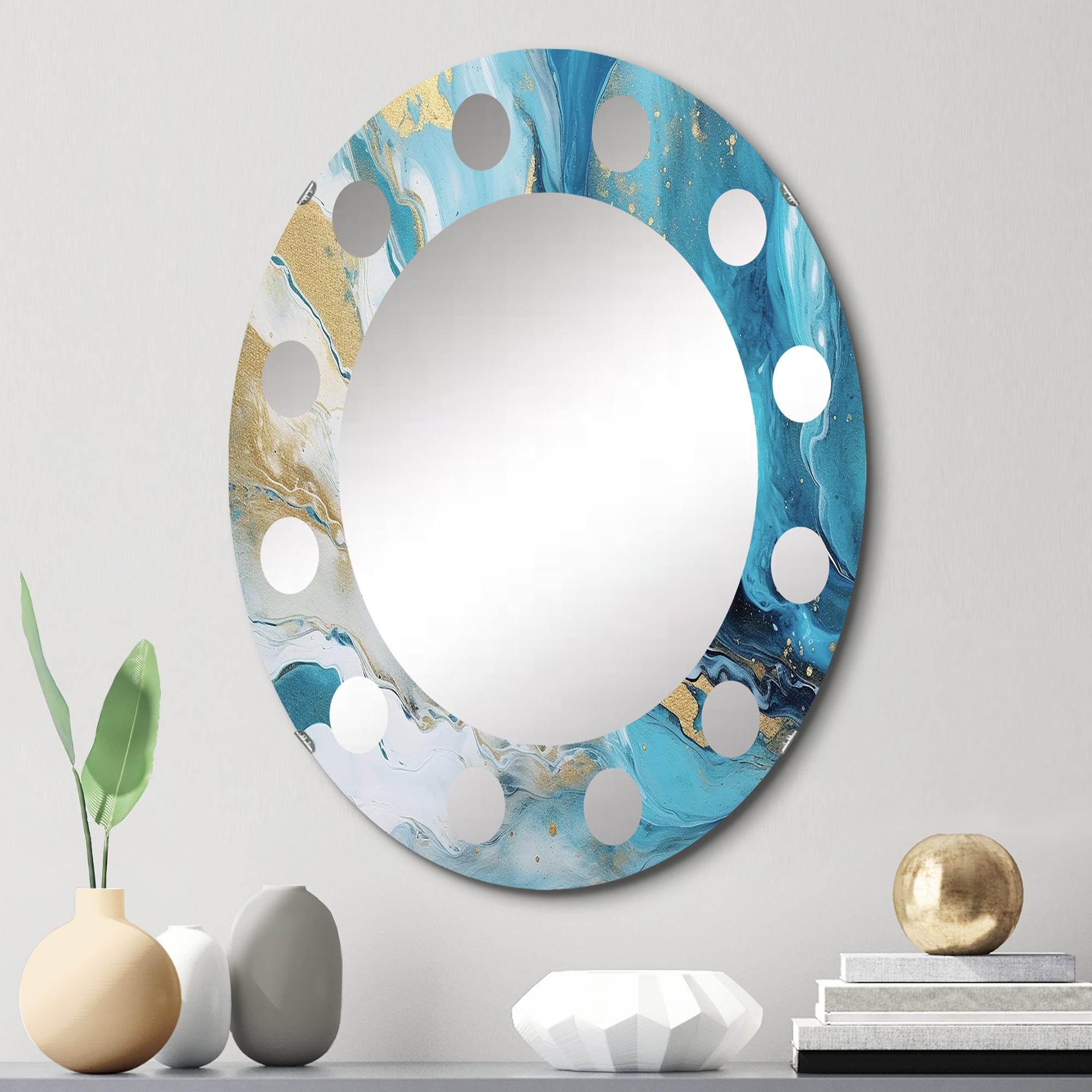 Designart "Infused Marble in Turquoise and Gold III" Fractals Round ...