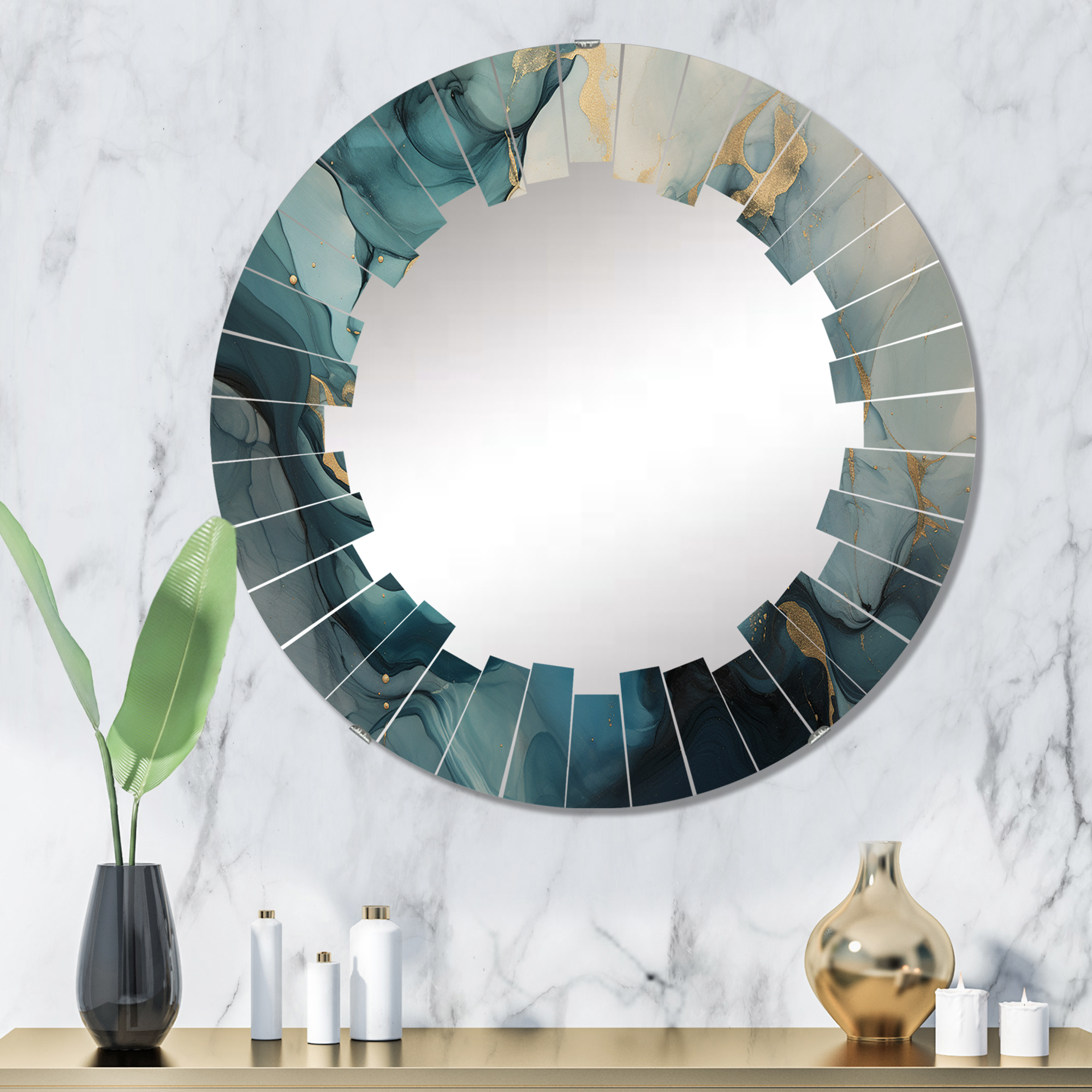 Designart "Infused Marble in Turquoise and Gold V" Fractals Round Wall ...
