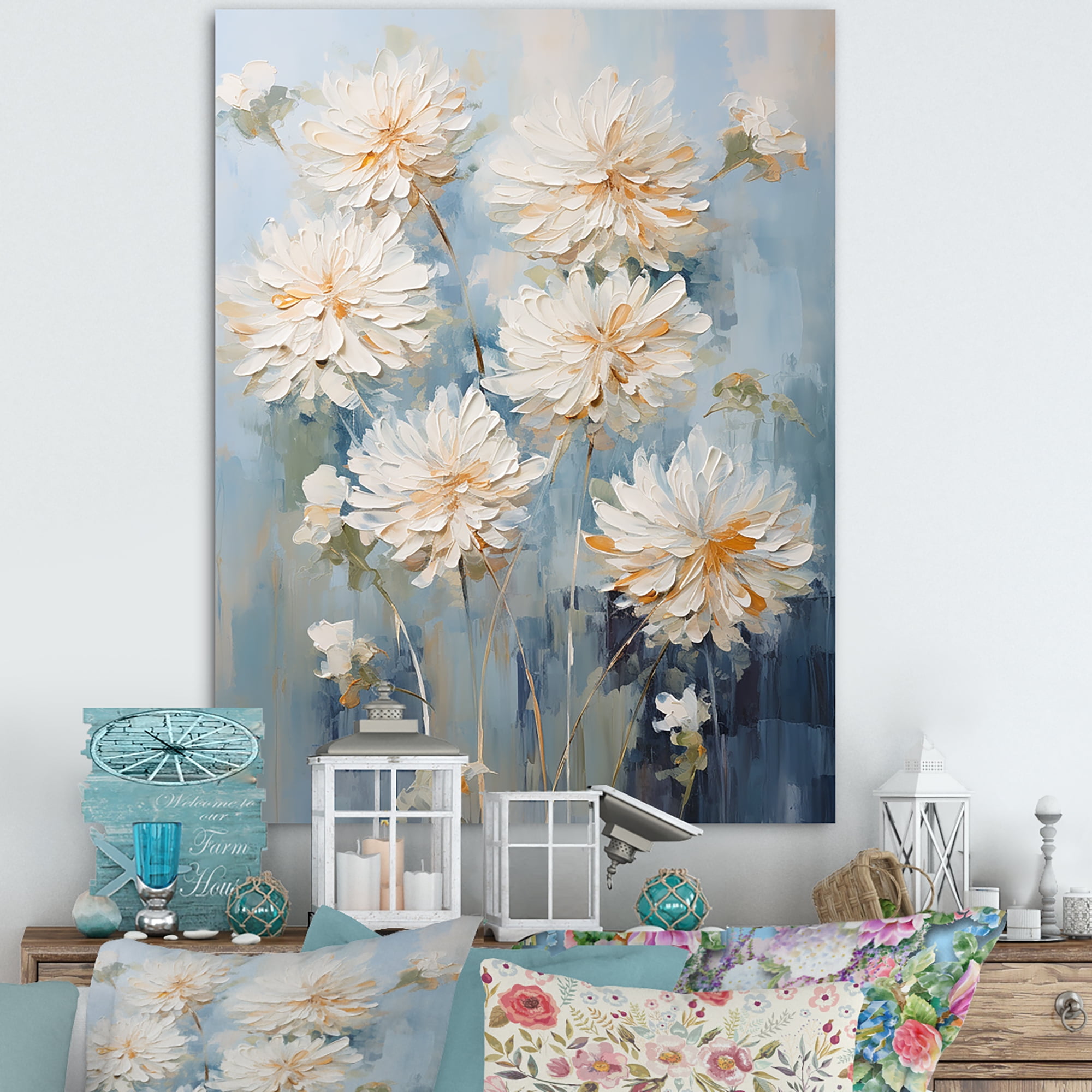 Designart "Ink-Blot Blooms: White And Blue Mums" Chrysanthemums Wall ...