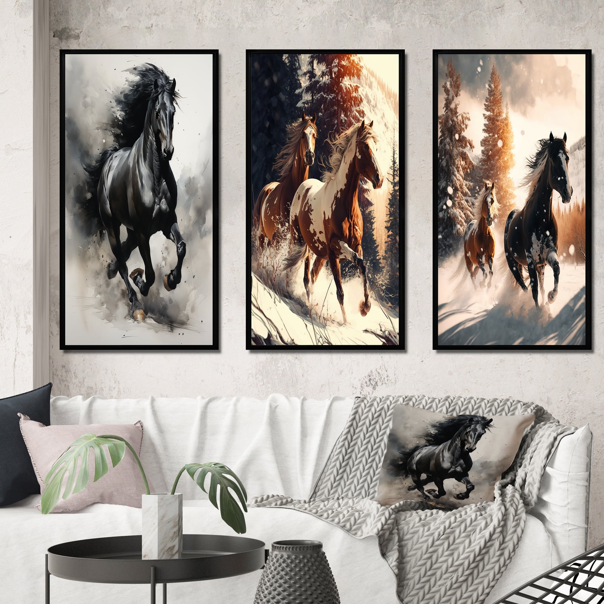 Designart "Ink Illustration Black Horse Galloping" Animals Horse Framed ...