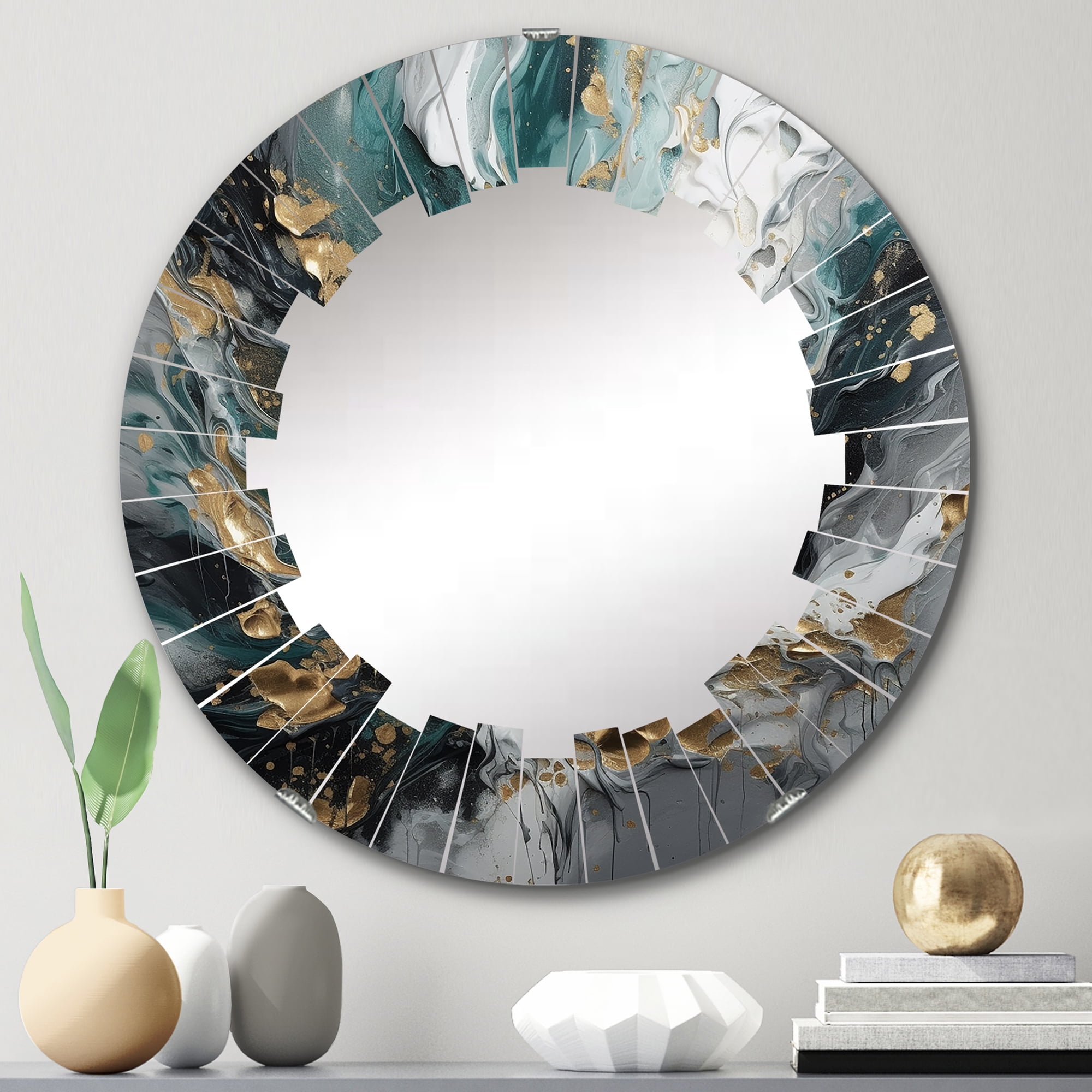 Designart "Ink On Stone Gold Teal Elegance" Abstract Round Wall Mirror ...