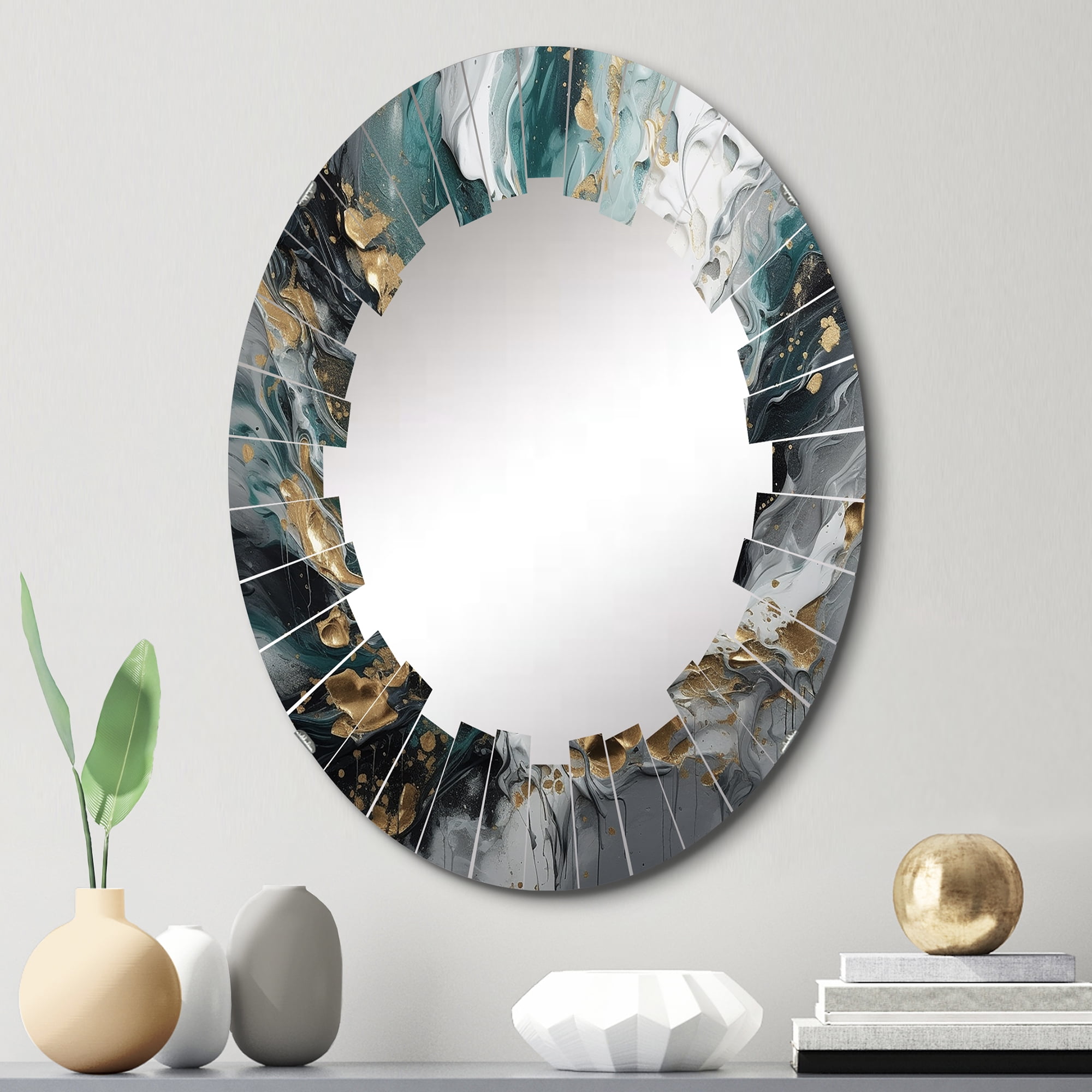 Designart "Ink On Stone Gold Teal Elegance" Abstract Round Wall Mirror ...