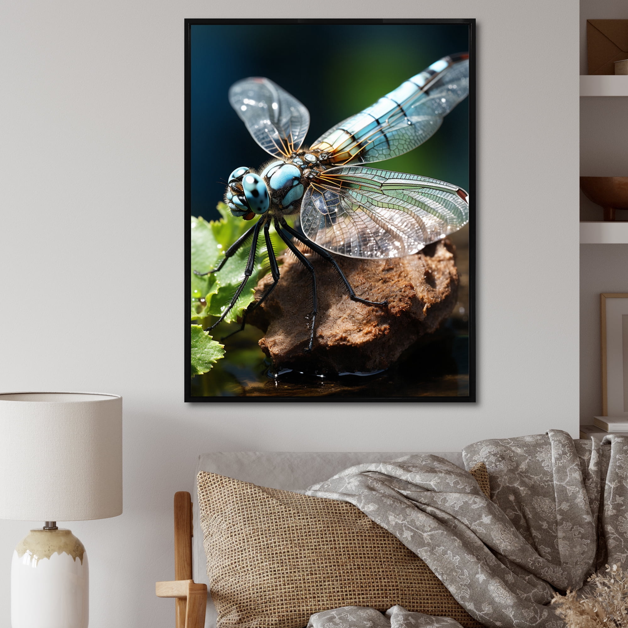 Designart "Insects in Flight White Dragonfly" Animals Floater Framed ...