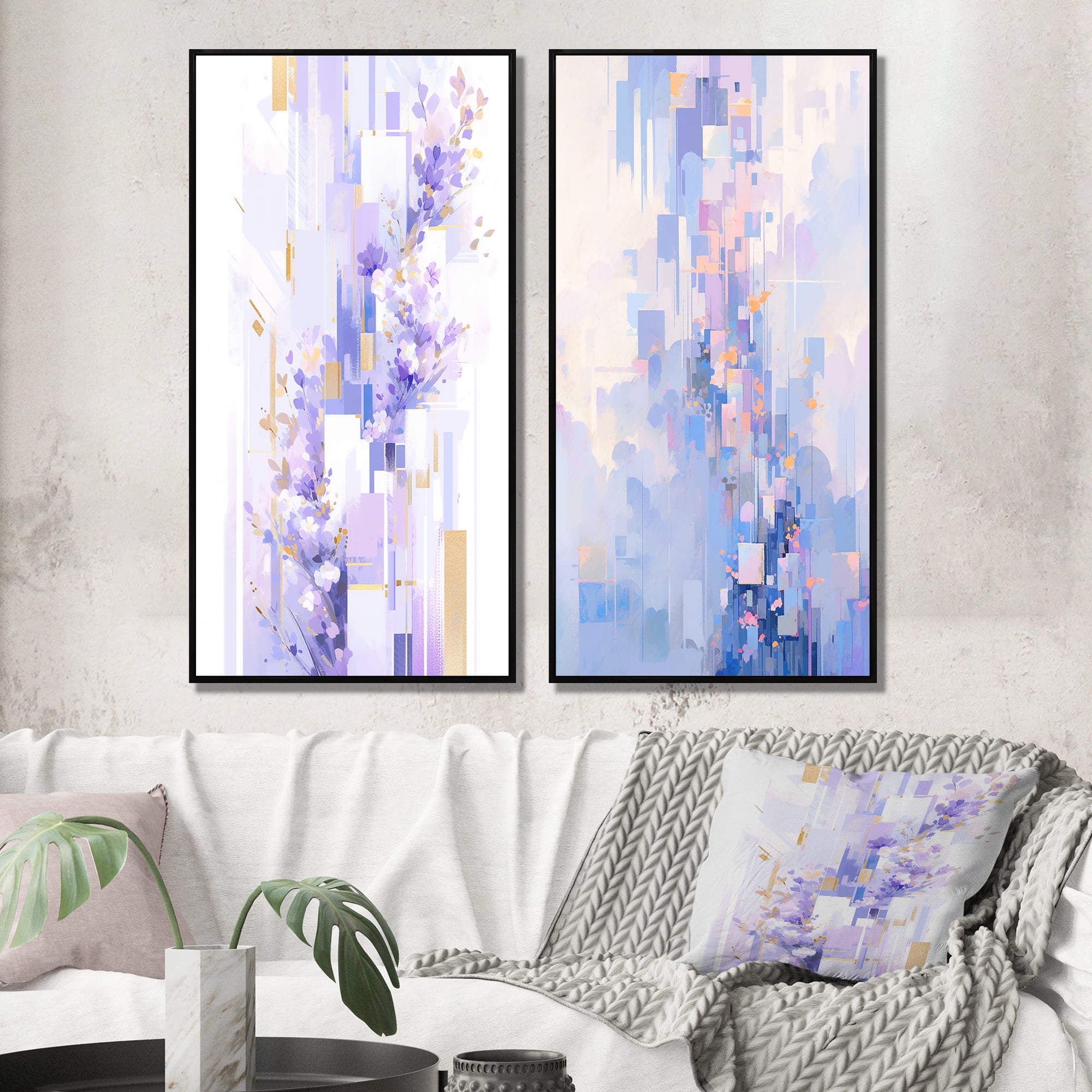 Designart "Interlocking Perspectives Purple Gold Harmony" Cubism Framed Wall Art Set Of 2 ...