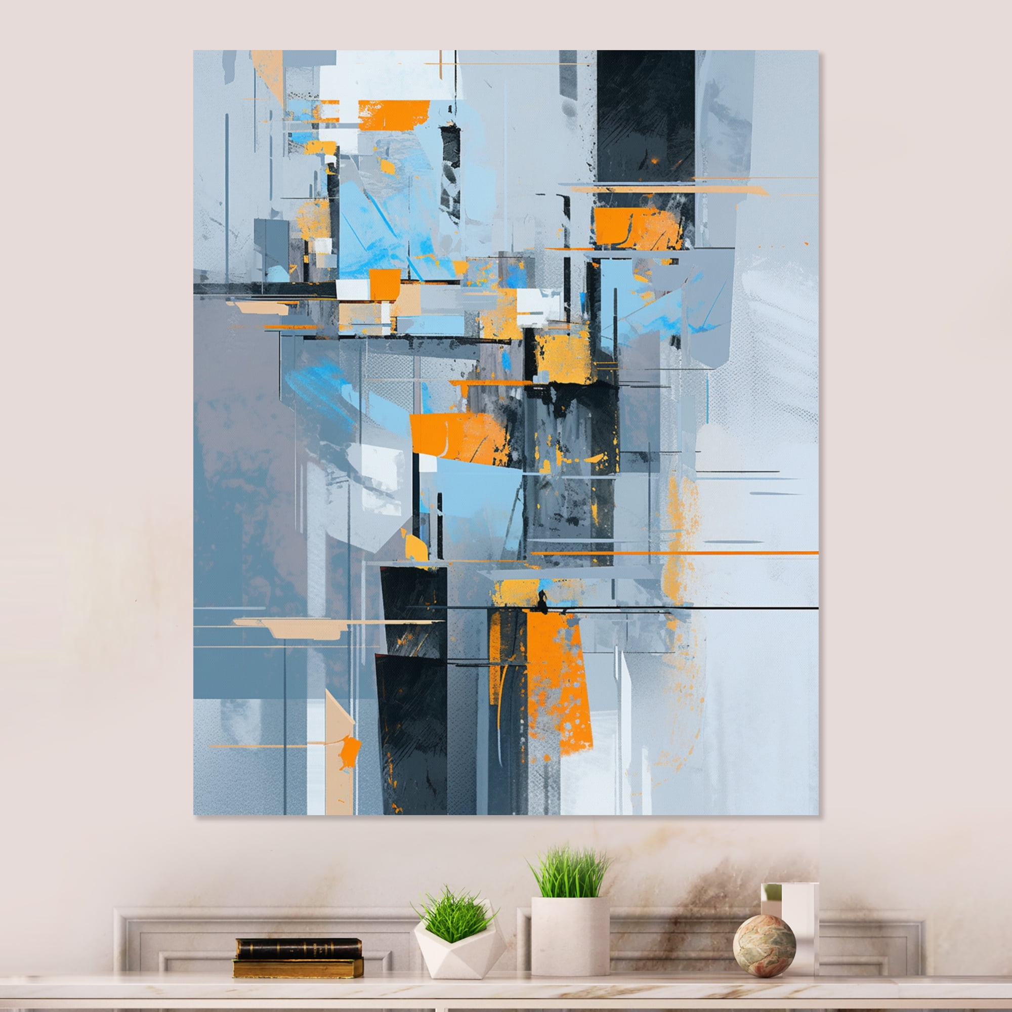 Designart "Interlocking Perspectives in Grey and Orange I" Cubism Metal ...