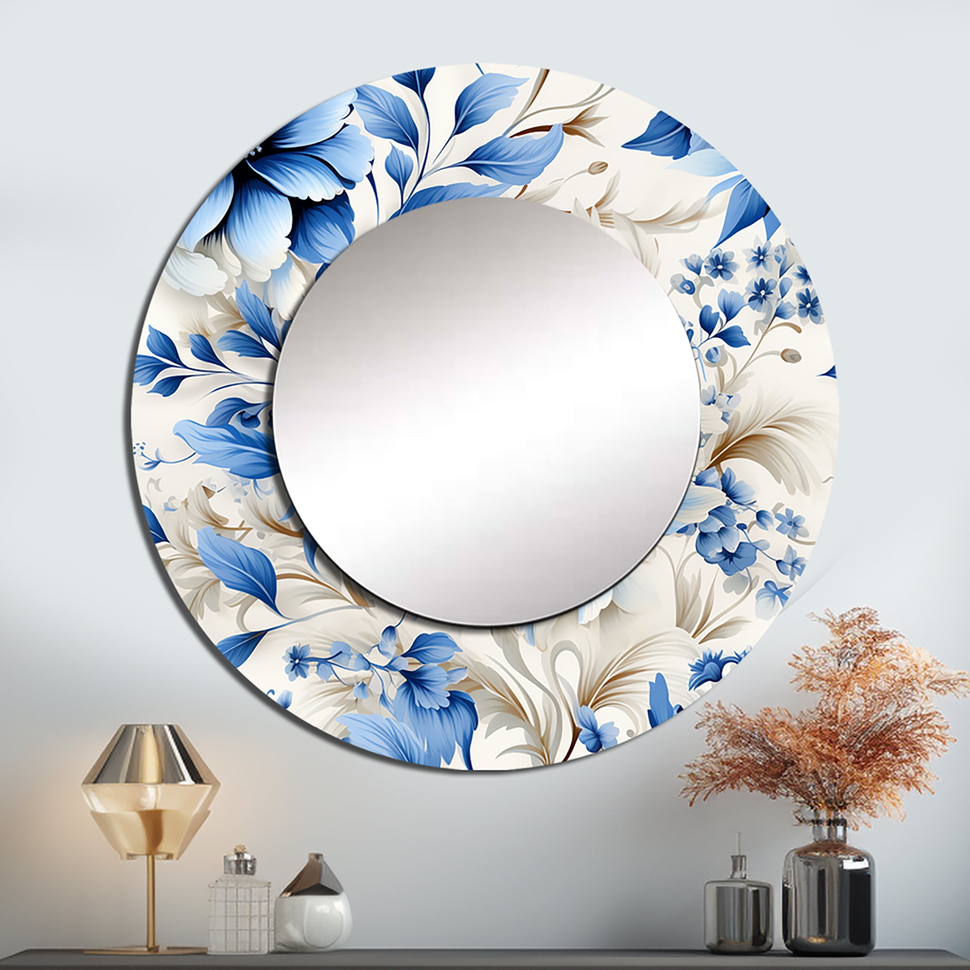Designart "Intricate Lace In Cobalt Blue" Floral Blue Large Round ...