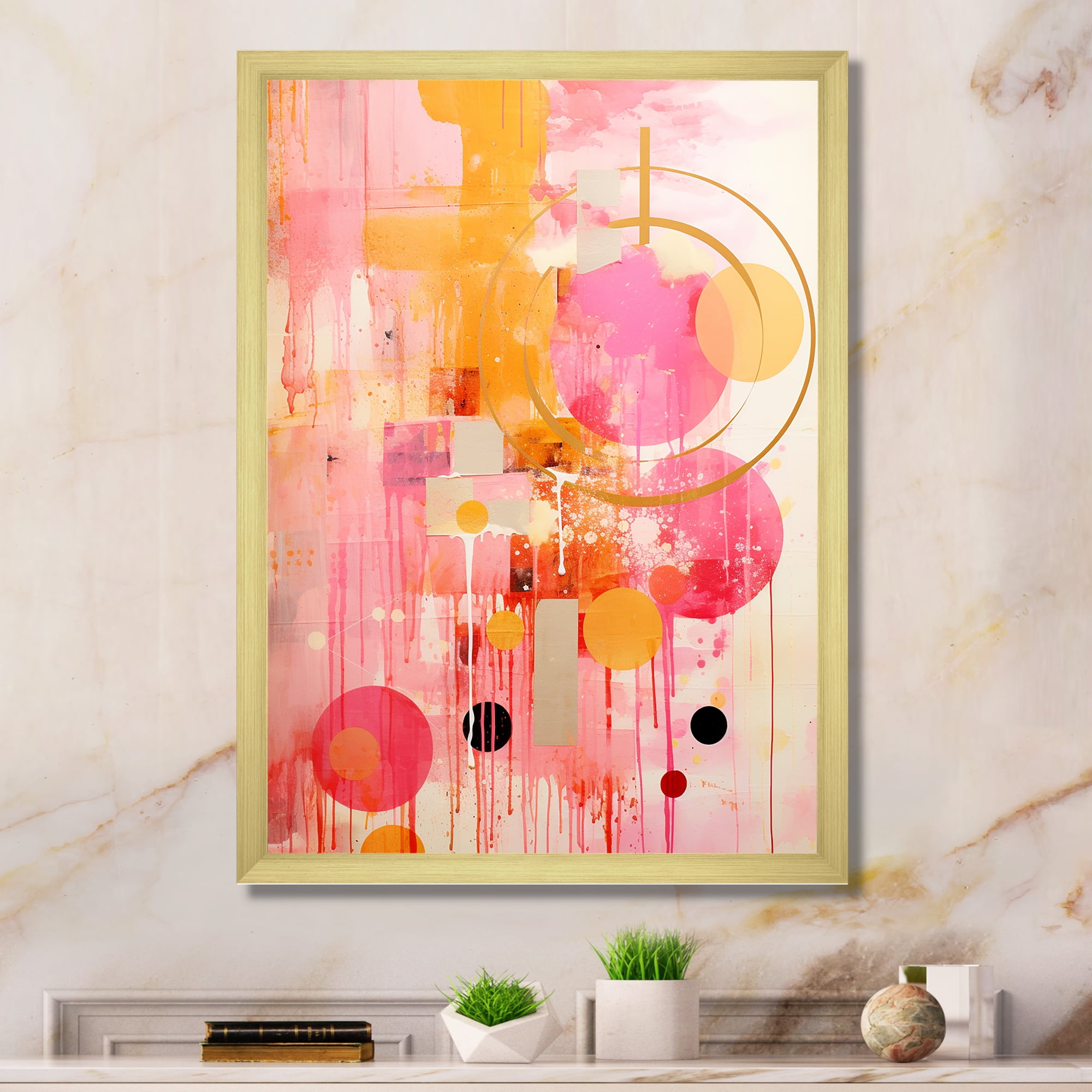 Designart "Island Sunrise Pink Gold Collage" Abstract Framed Wall Art ...