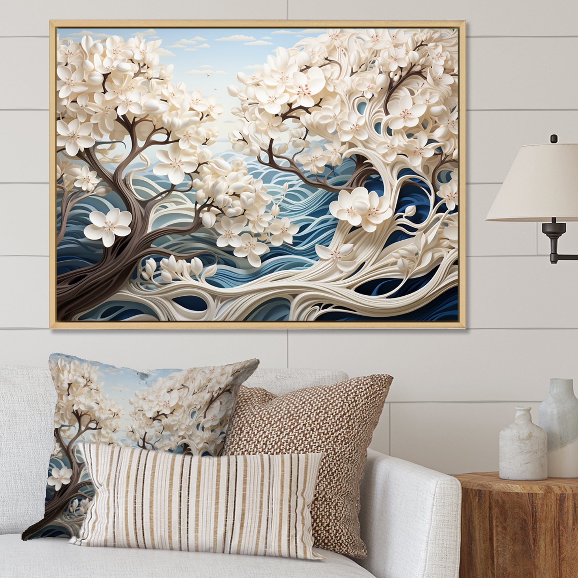 Designart "Ivory And Azure River Composition I" Landscape Forest River ...