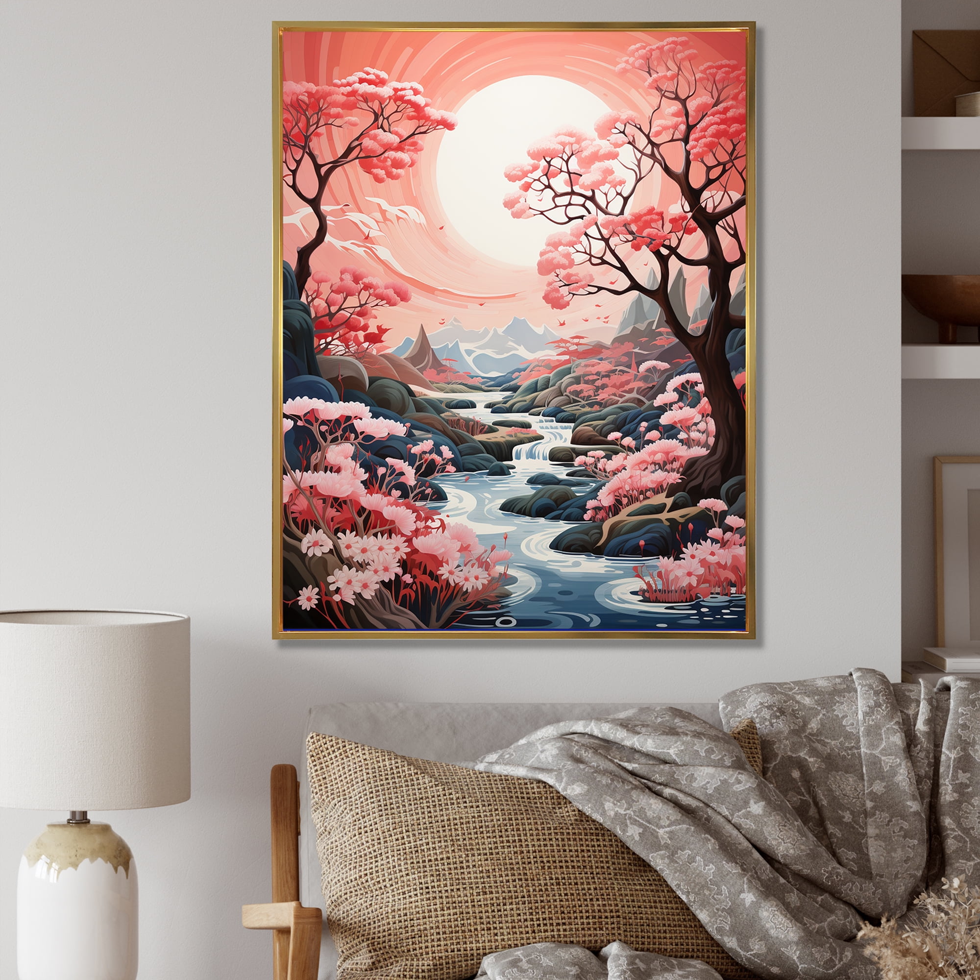 Designart "Japanese Crimson Coral River" Landscape Forest River Floater ...