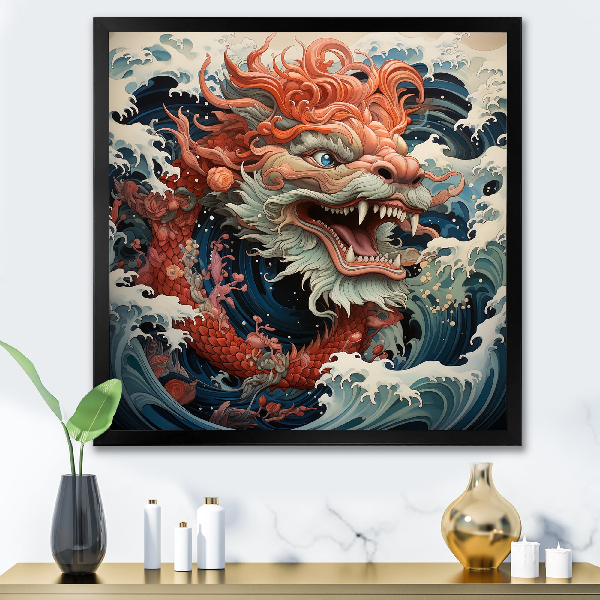 Designart "Japanese Dragon and Wave Off Kanagawa V" Abstract Framed ...