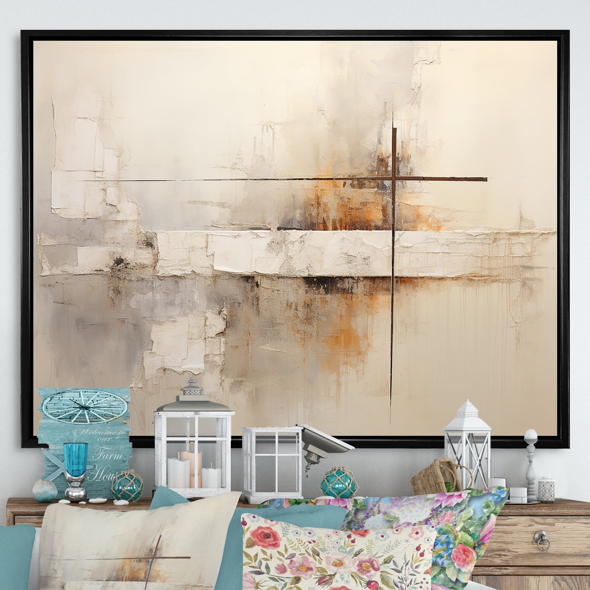 Designart "Jesus' Cross In Beige I" Christianity Floater Framed Wall ...