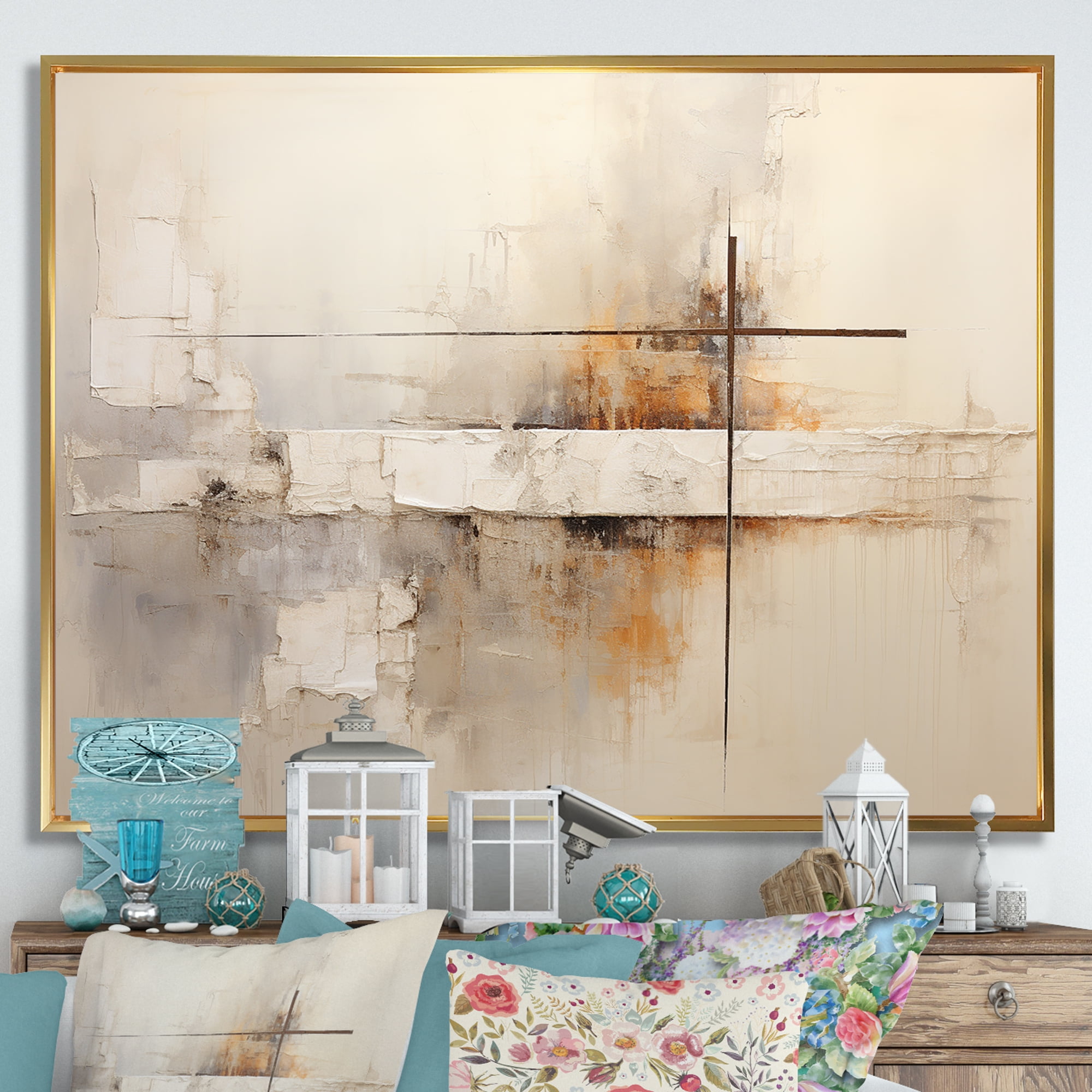 Designart "Jesus' Cross In Beige I" Christianity Floater Framed Wall ...