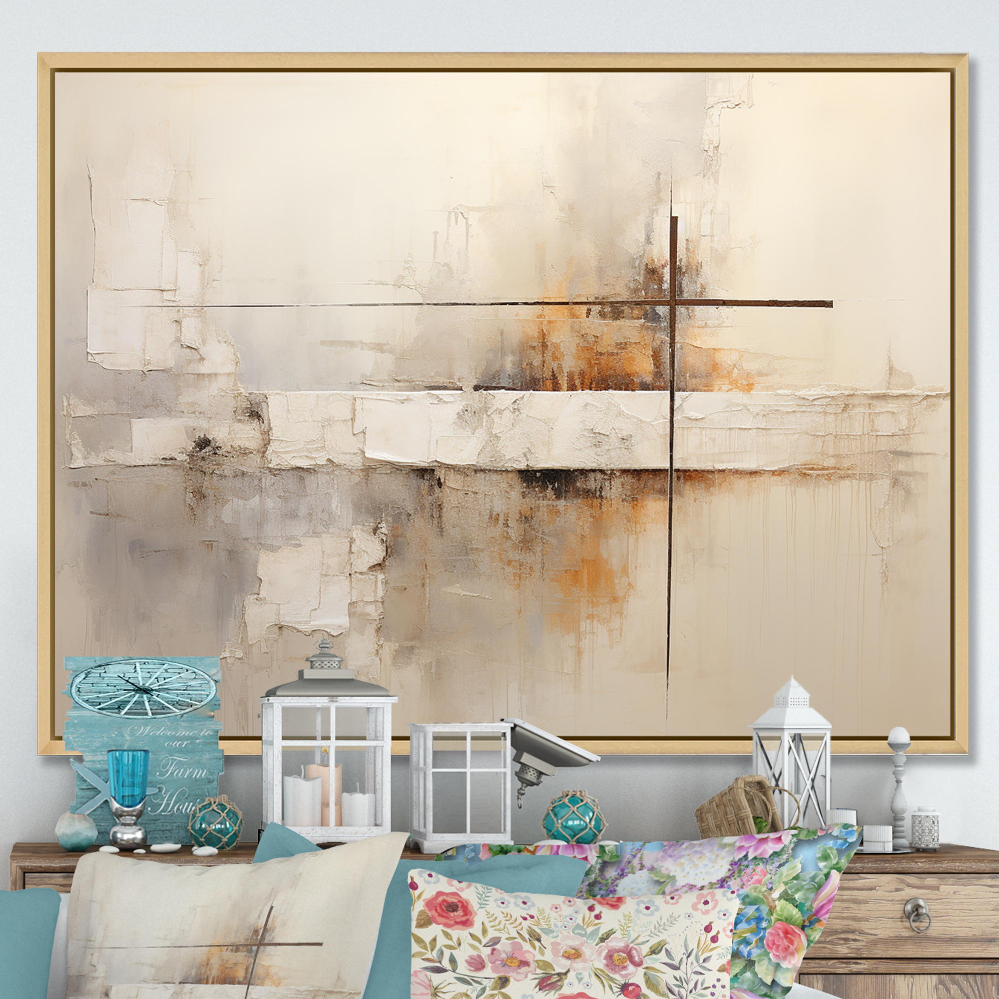 Designart "Jesus' Cross In Beige I" Christianity Floater Framed Wall ...