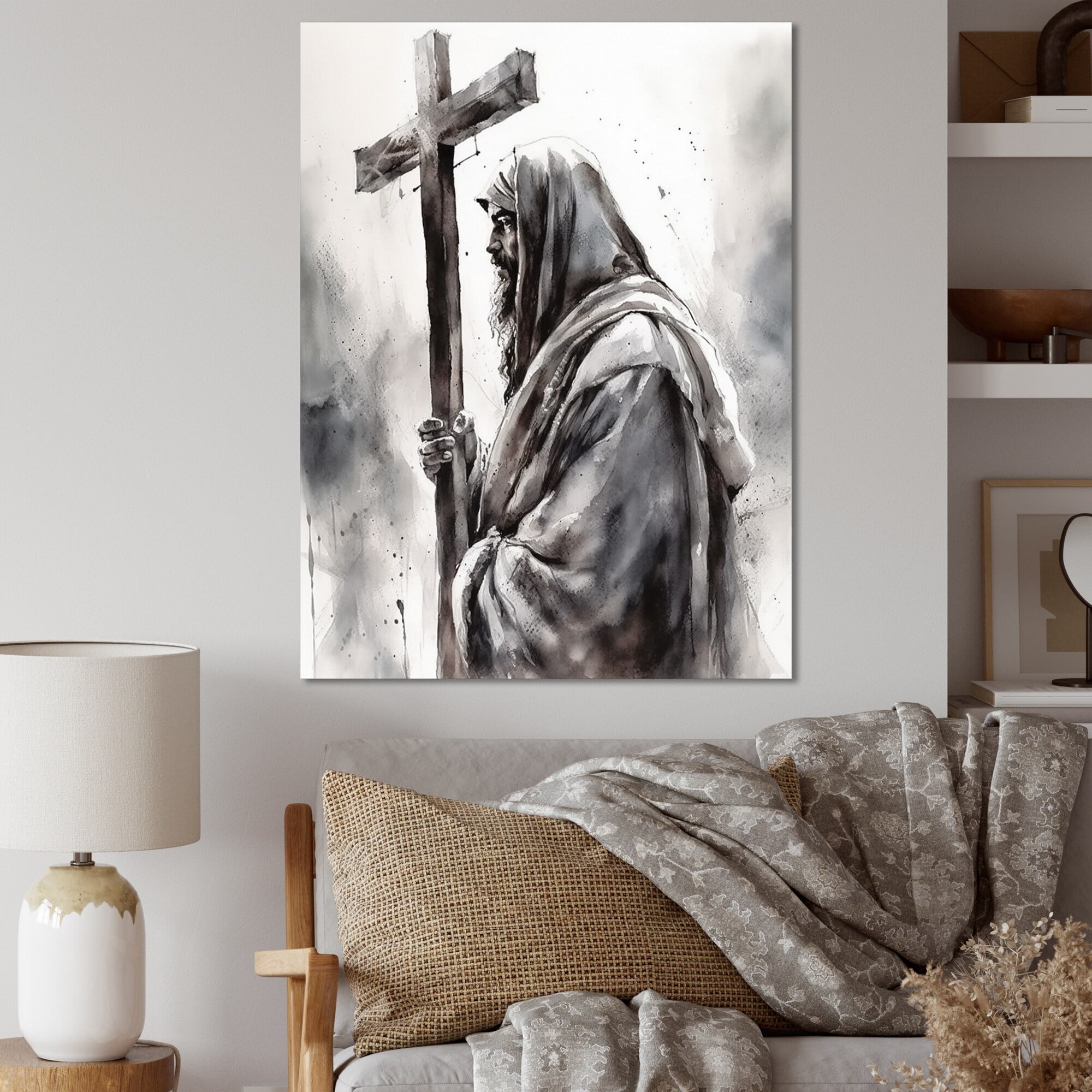 Designart "Jesus With Cross I" Religious Landscape Wall Decor - Walmart.com