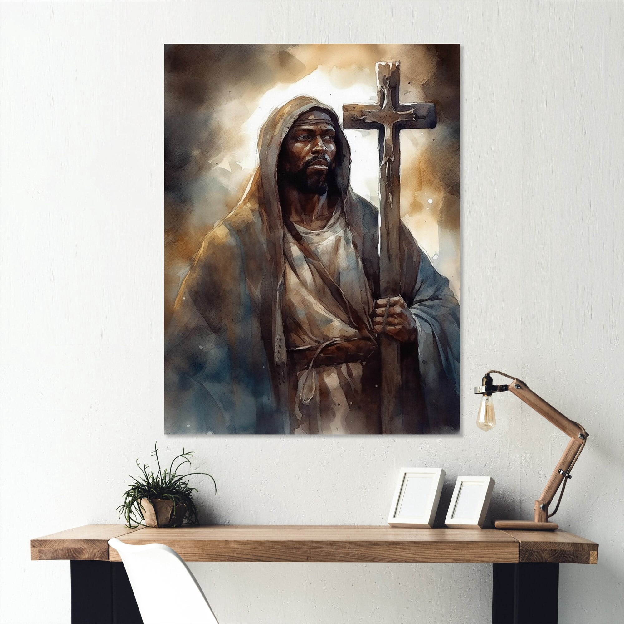 Designart "Jesus with Cross in Black II" Religious Landscape Metal Art ...
