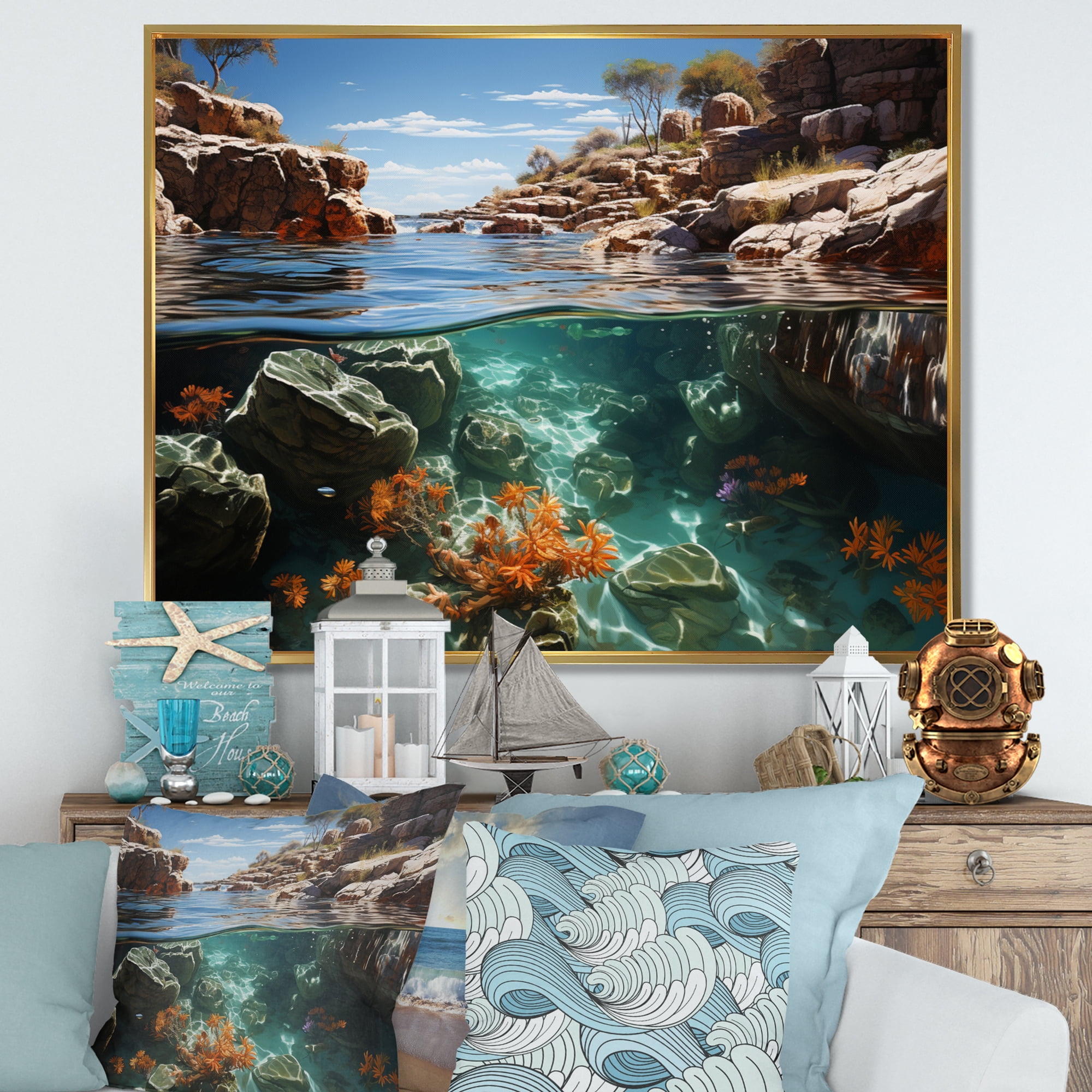 Designart "Jewel of the Ocean Beach Splendor I" Nautical & Beach Floater Framed Wall Art Living ...