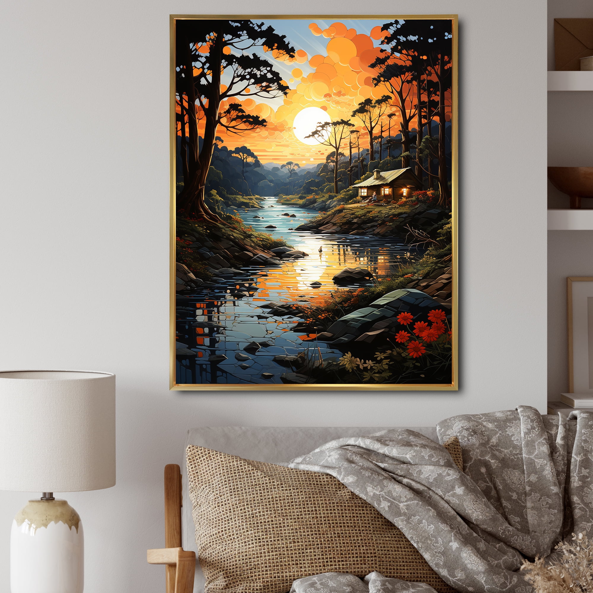 Designart "Journey Begins Orange Lakeside House" Cottage Floater Framed ...