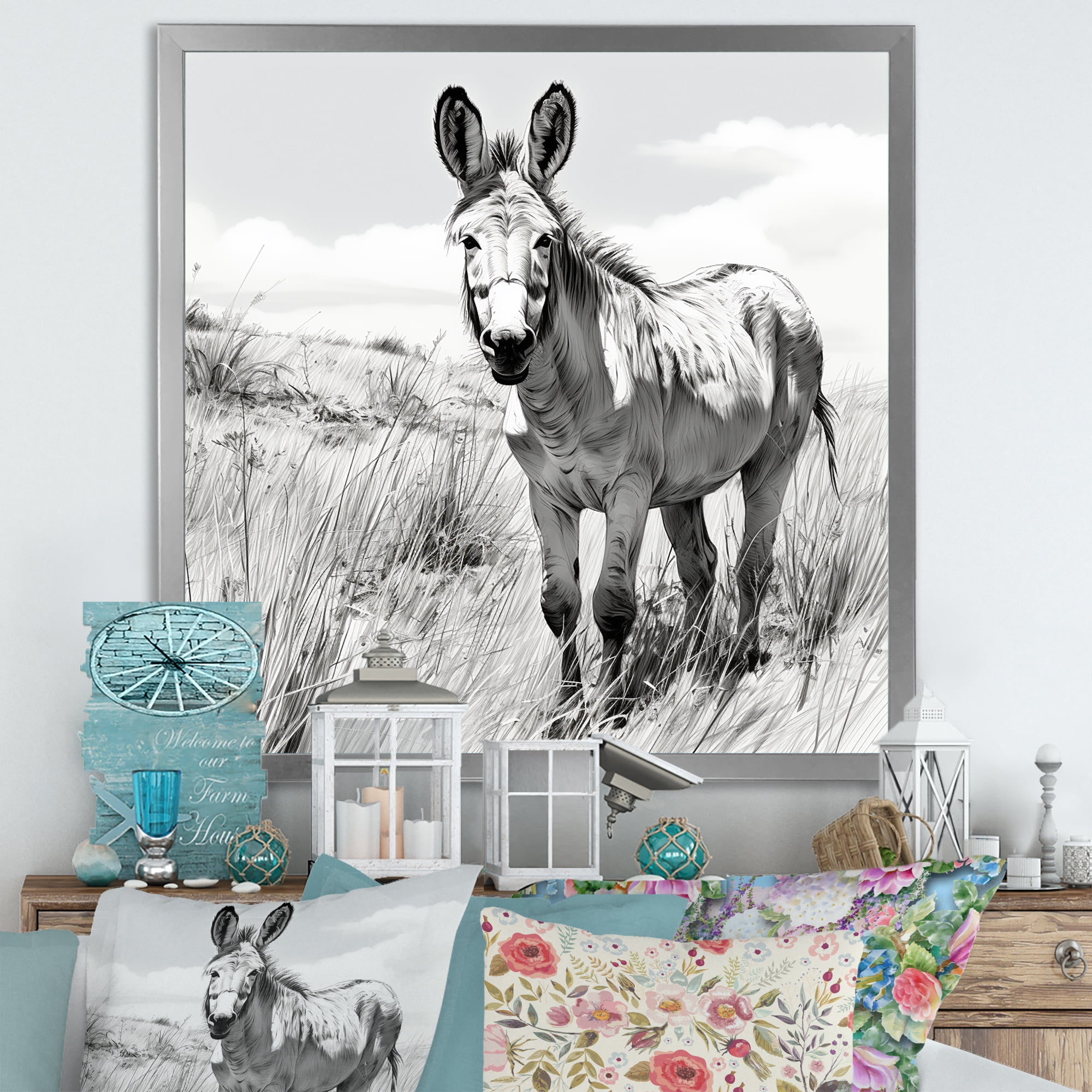 Designart "Journey of Black and White Donkey in Meadow" Animals Framed ...