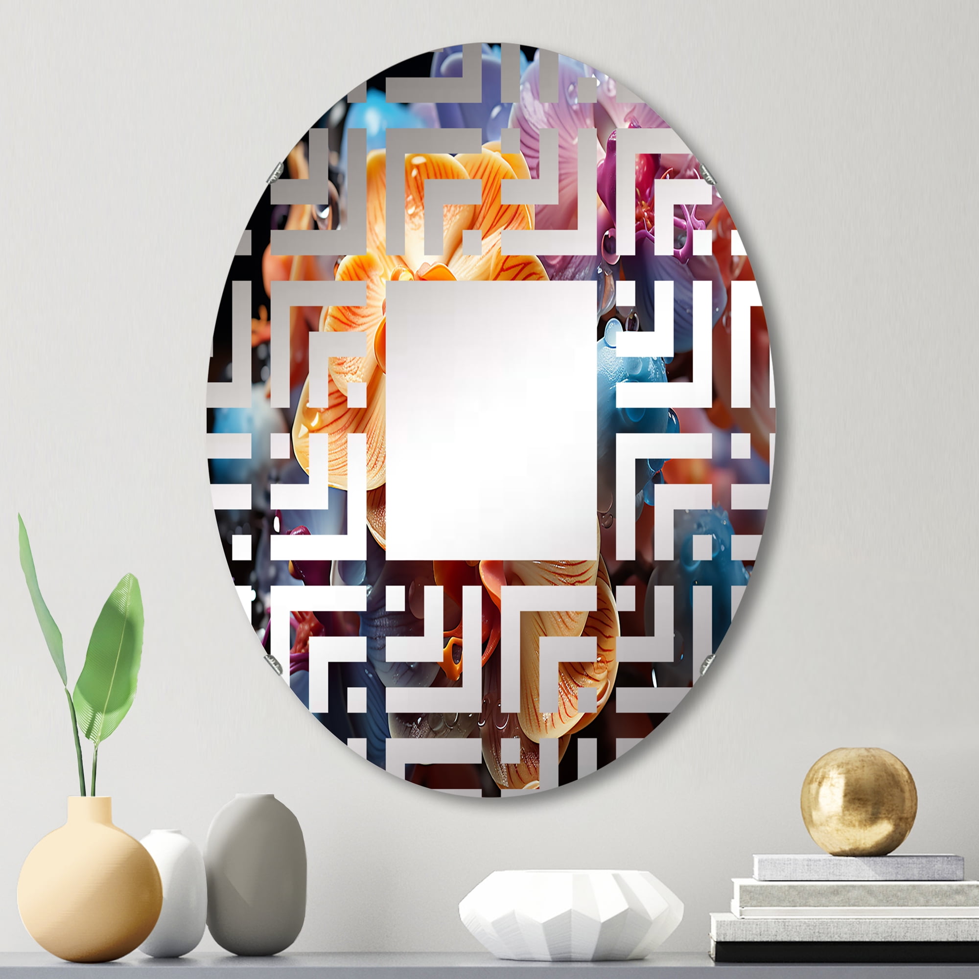 Designart "Joyful Abstract Art" Orchids Maze Round Wall Mirror - Floral ...