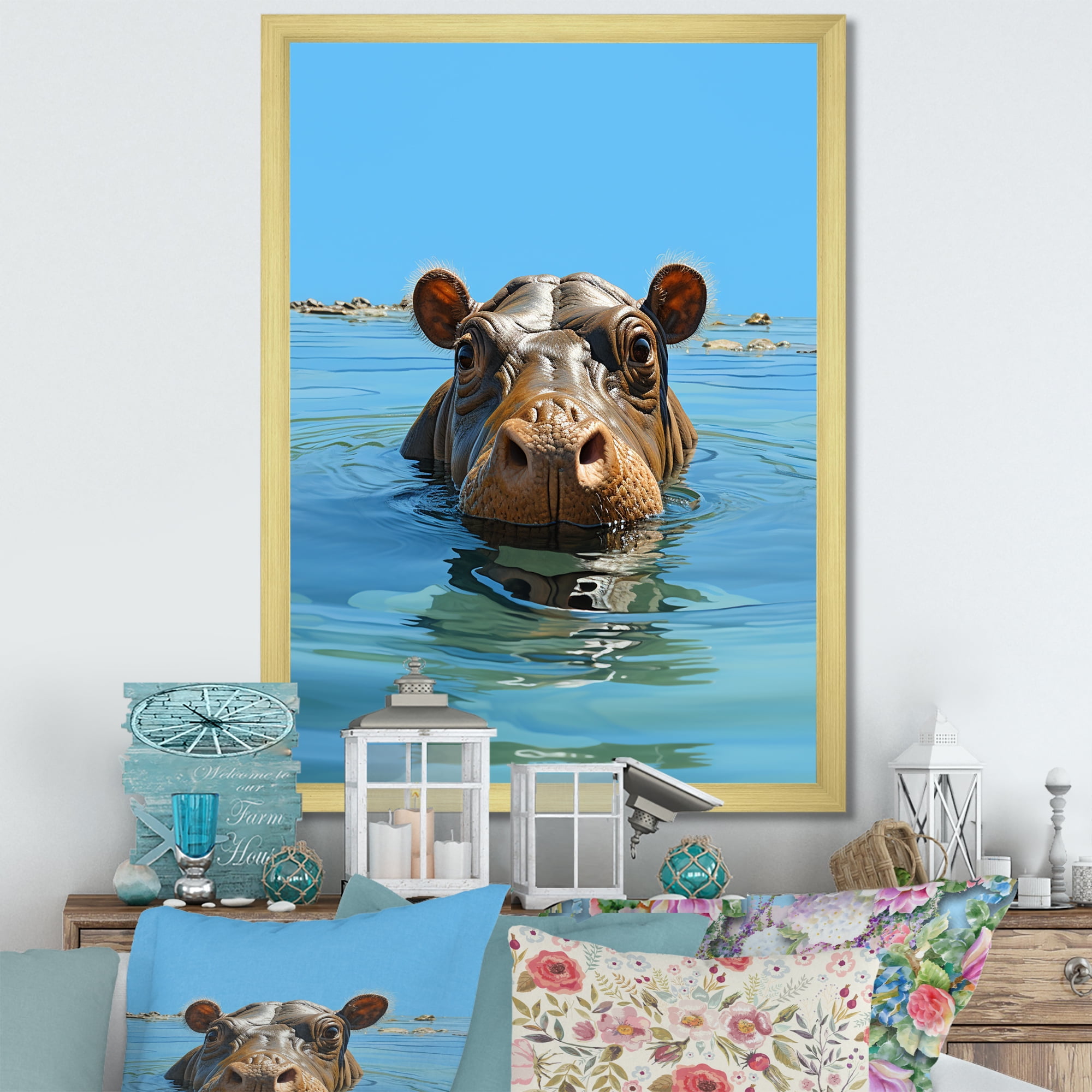 Designart "Joyful Grey Hippo" Animals Framed Wall Art - Modern Grey ...