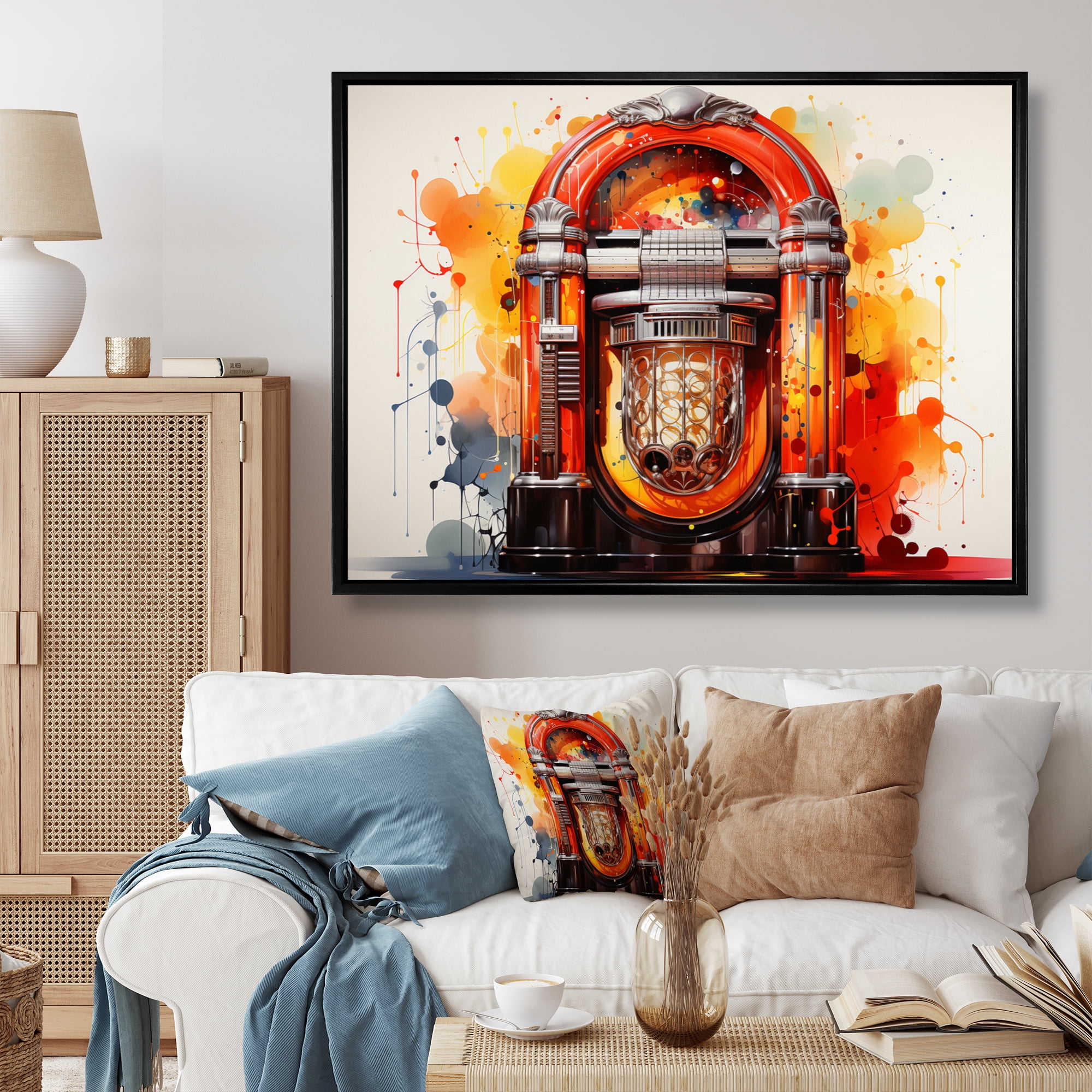 Designart "Jukeboxe Retro Resonance Painting II" Music Floater Framed ...