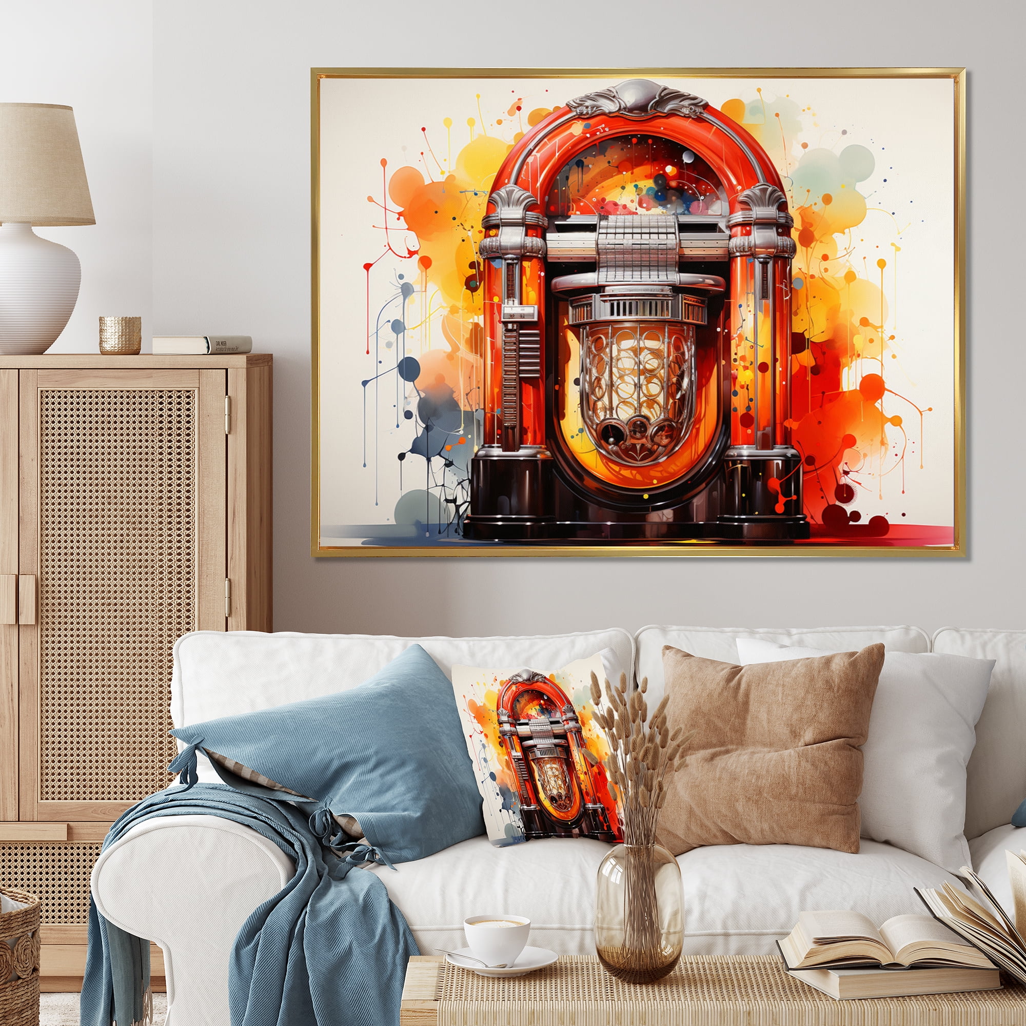 Designart "Jukeboxe Retro Resonance Painting II" Music Floater Framed ...