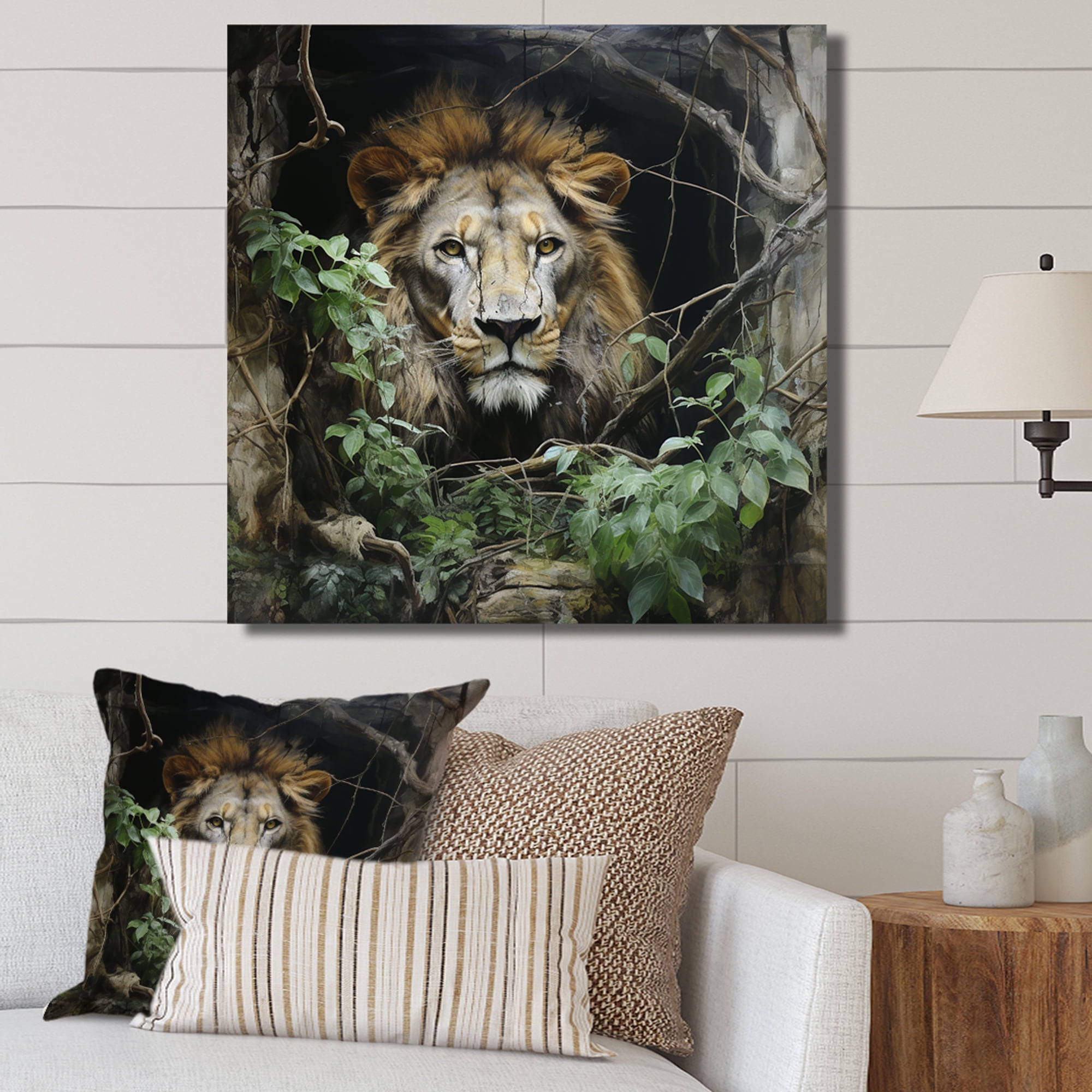 Designart "Jungle Lion in Grey and Green" Animals Wall Art - Modern ...