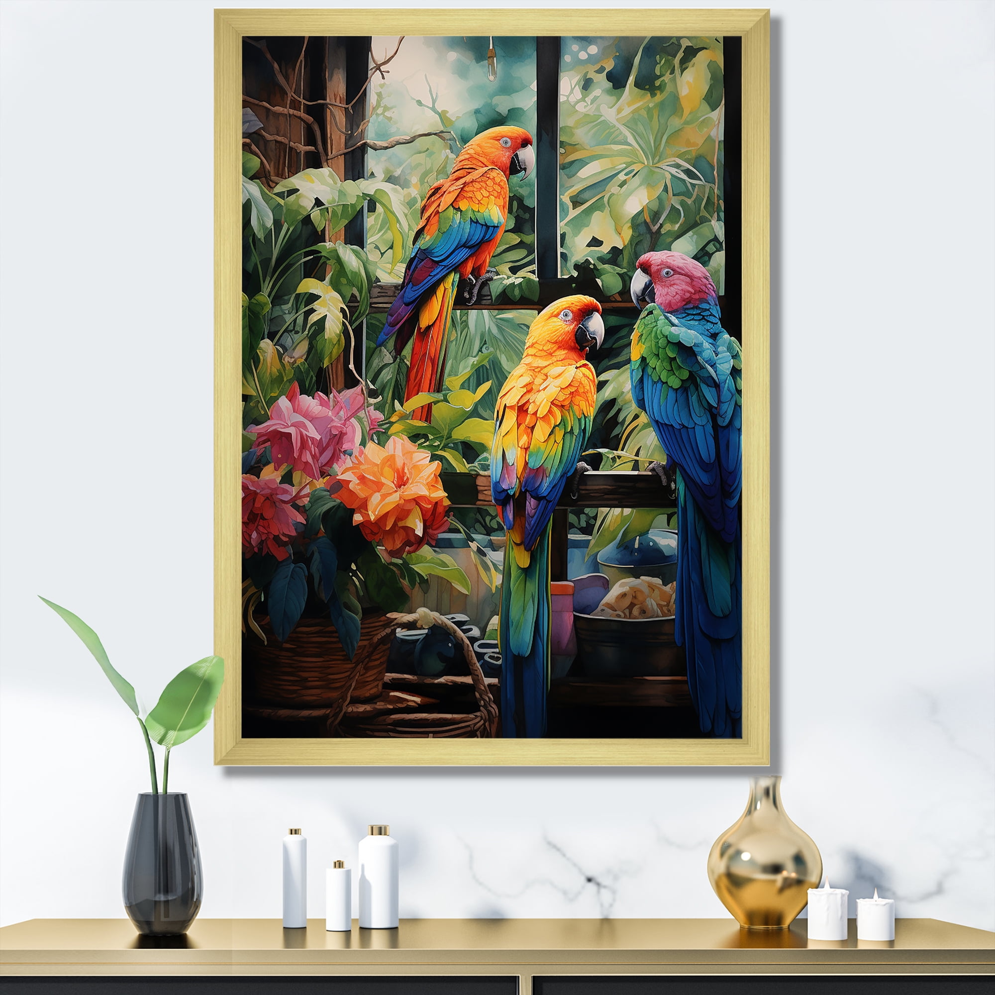 Designart "Jungle Paradise of Red Parrots II" Animals Framed Wall Art ...