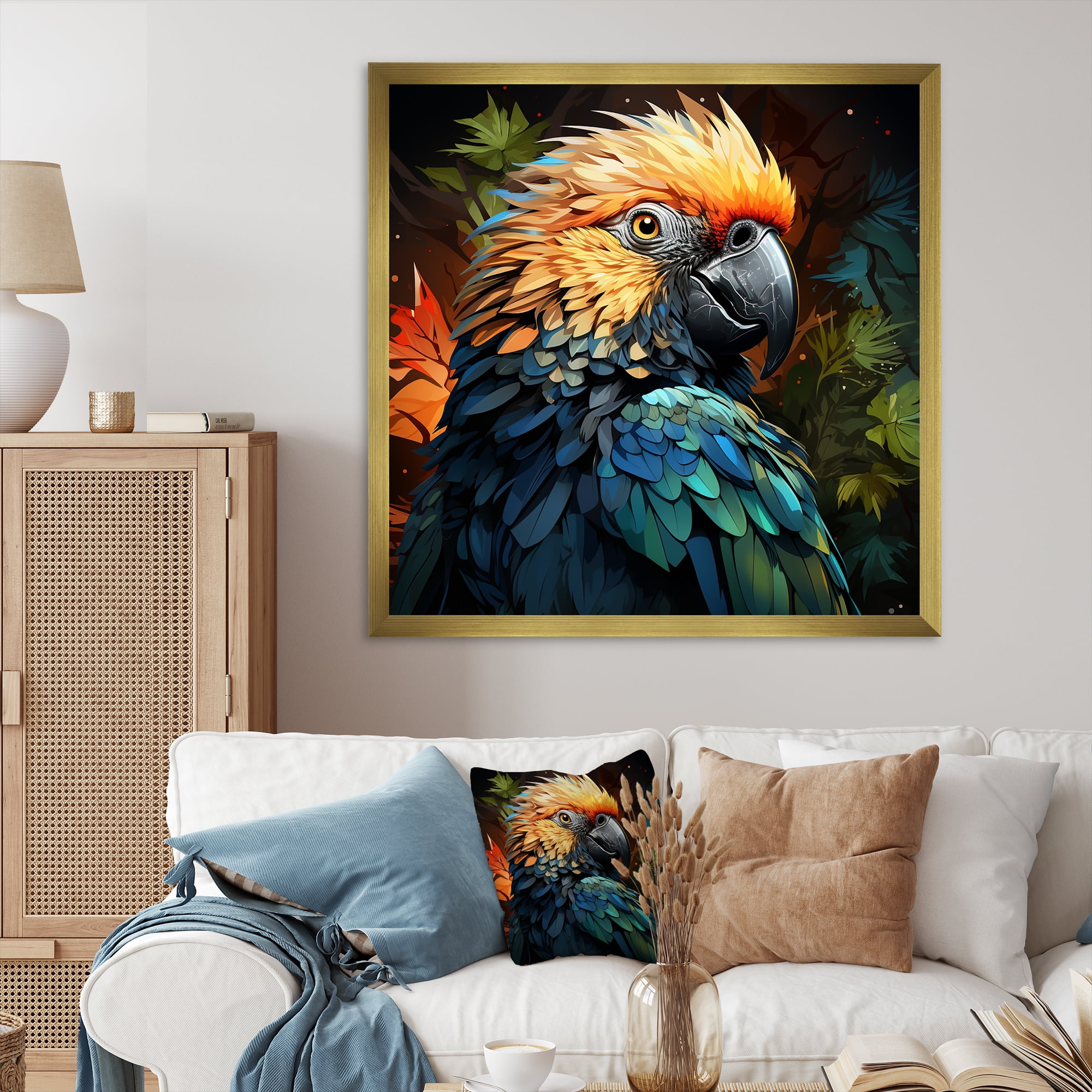 Designart "Jungle Parrot Paradise in Orange and Blue II" Animals Framed ...