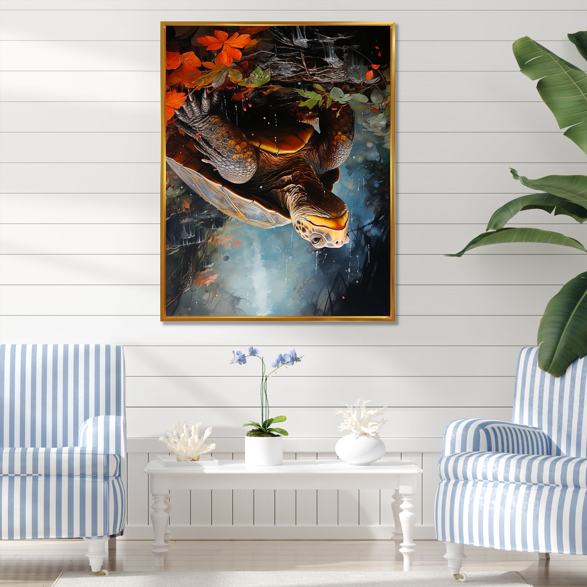 Designart "Jungle Turtle In Surrealism" Animals Turtle Floater Framed ...