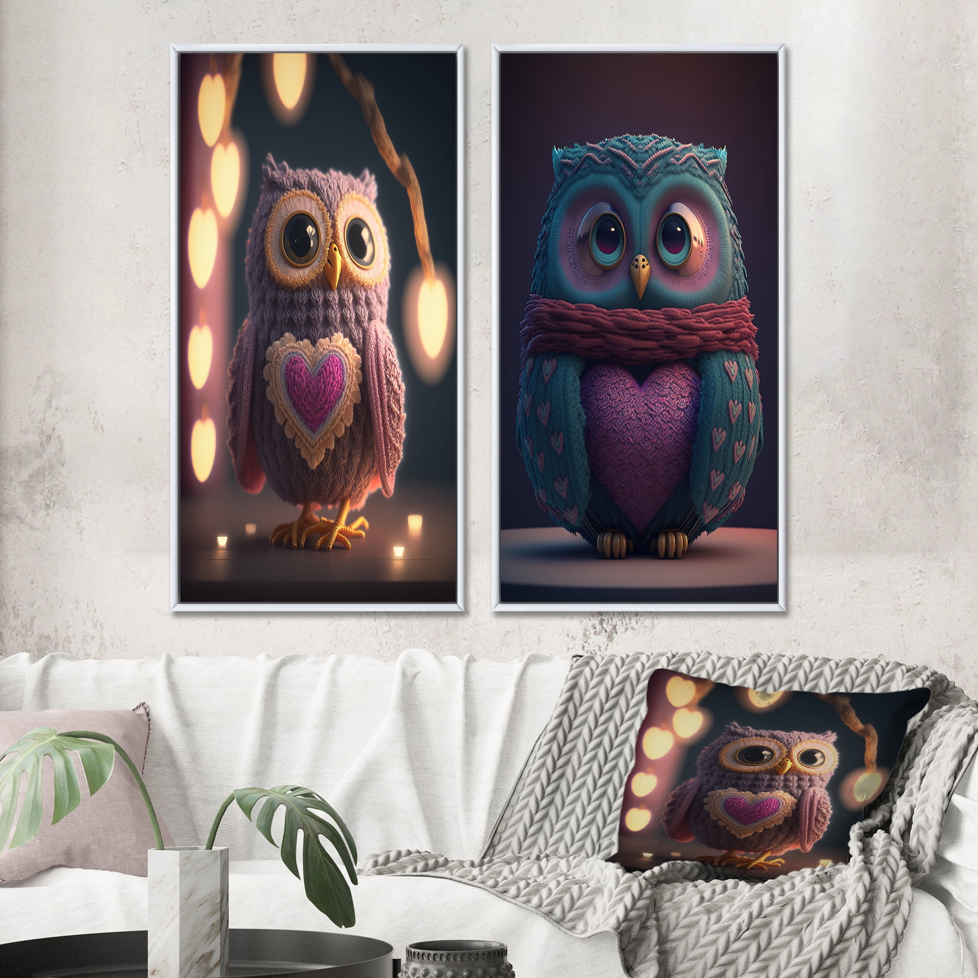Designart "Knitted Love in Valentine Owl Artistry I" Animals Owl Framed ...