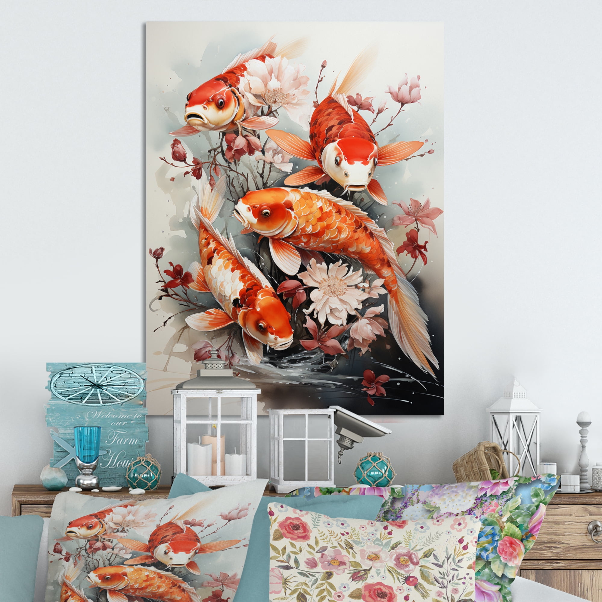 Designart "Koi Fish Fishing Contemporary wall art I" Animals Metal Wall ...