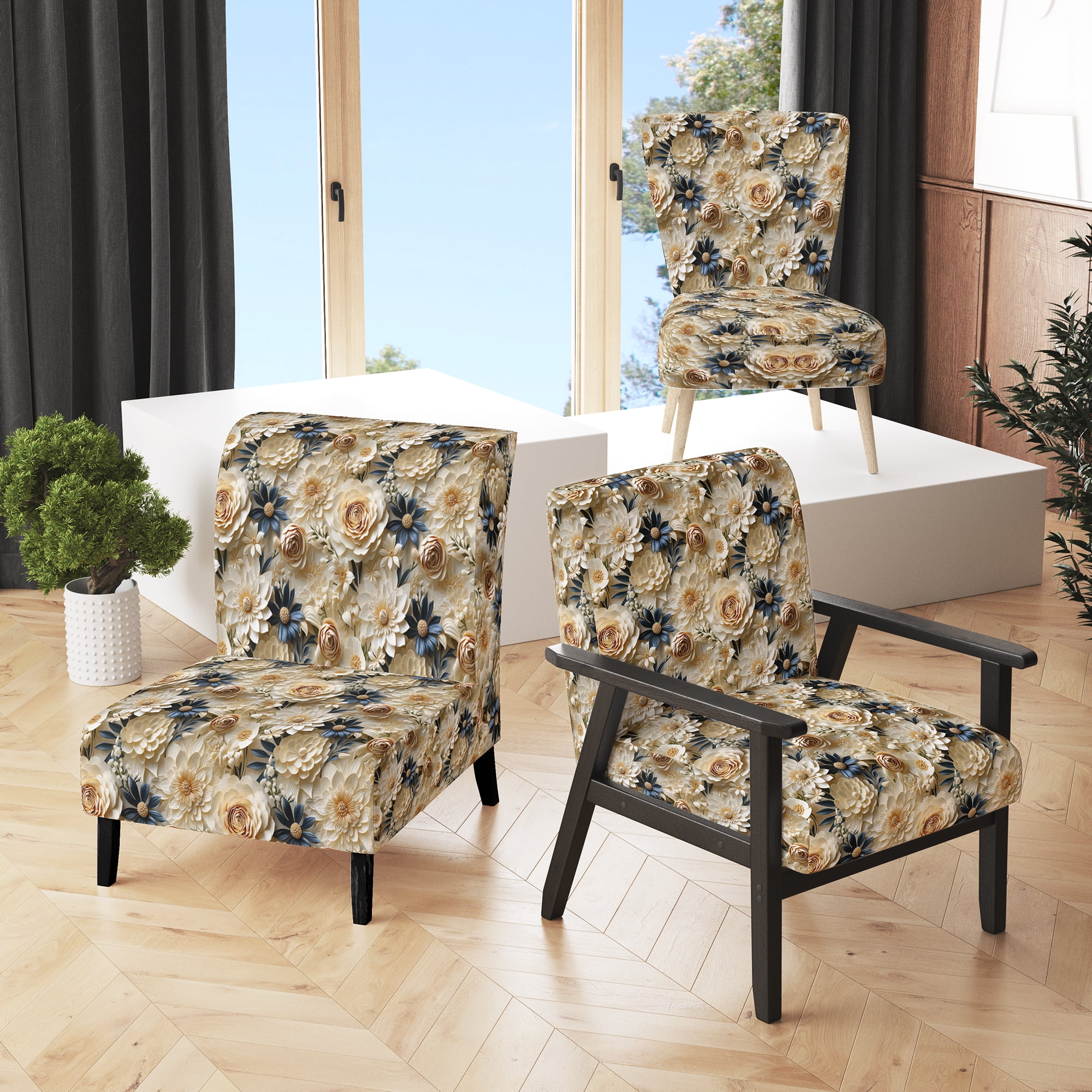 Designart "Lace-Like Cream Botanicals" White Floral Upholstered Accent ...