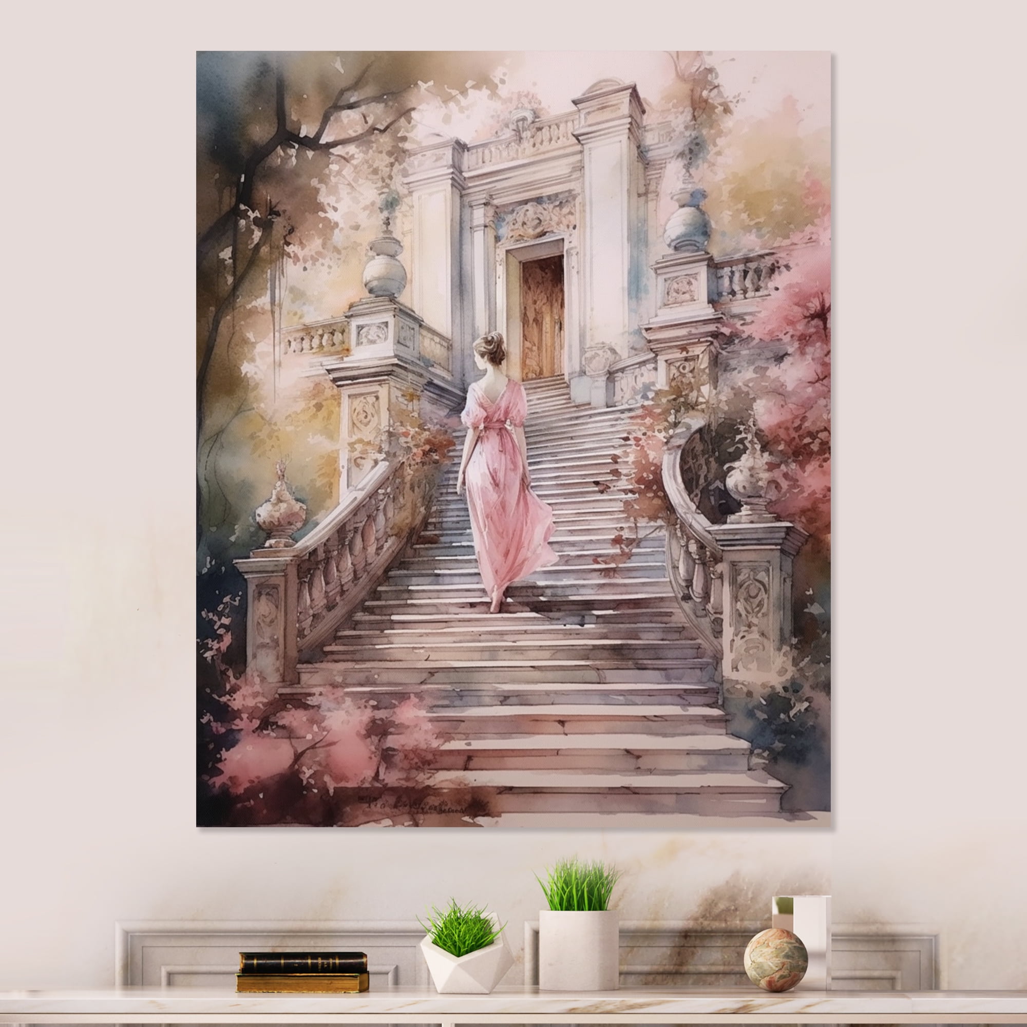 Designart "Lady s Elegant Descent Downstairs II" Woman Romantic Metal ...