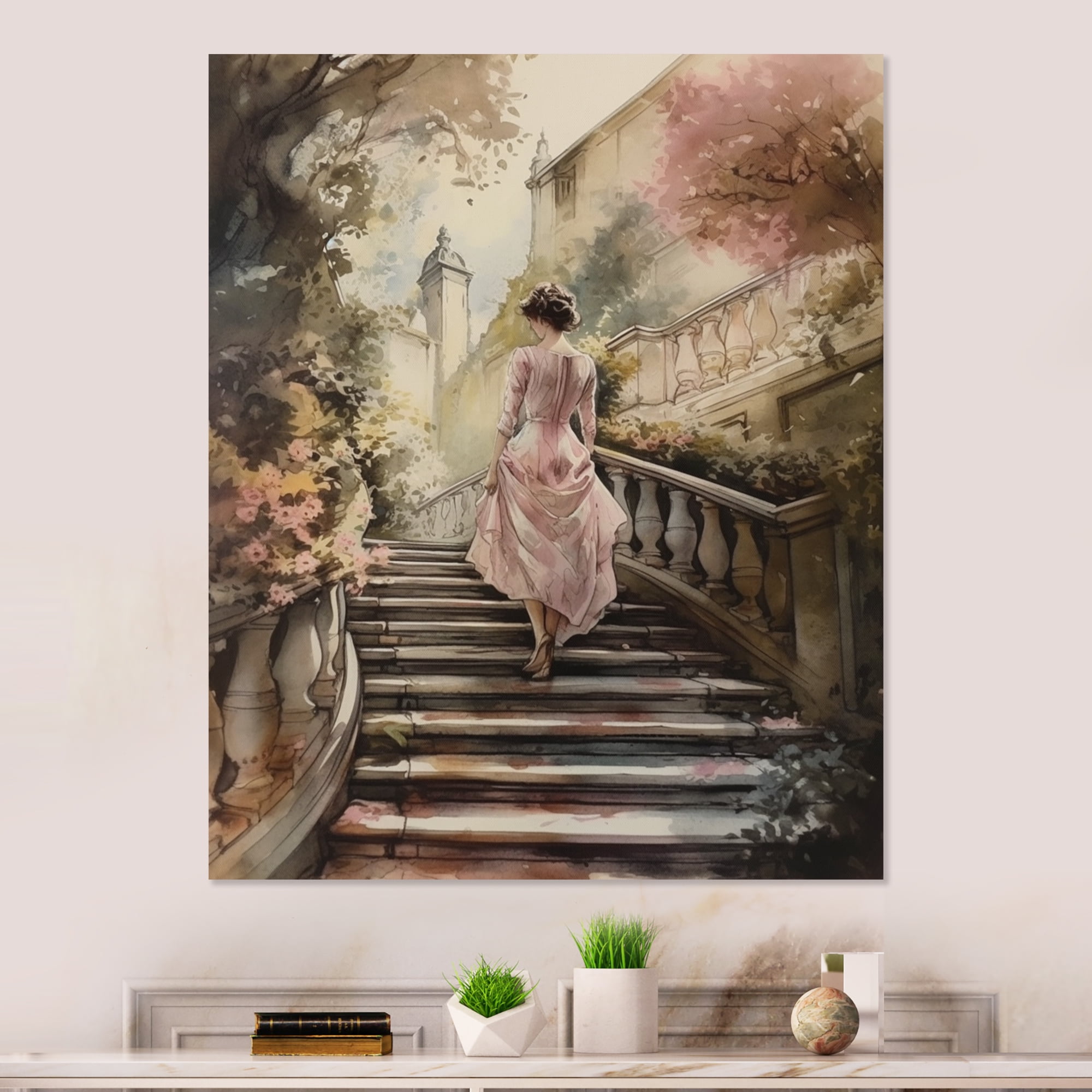 Designart "Lady s Elegant Descent Downstairs III" Woman Romantic Metal ...