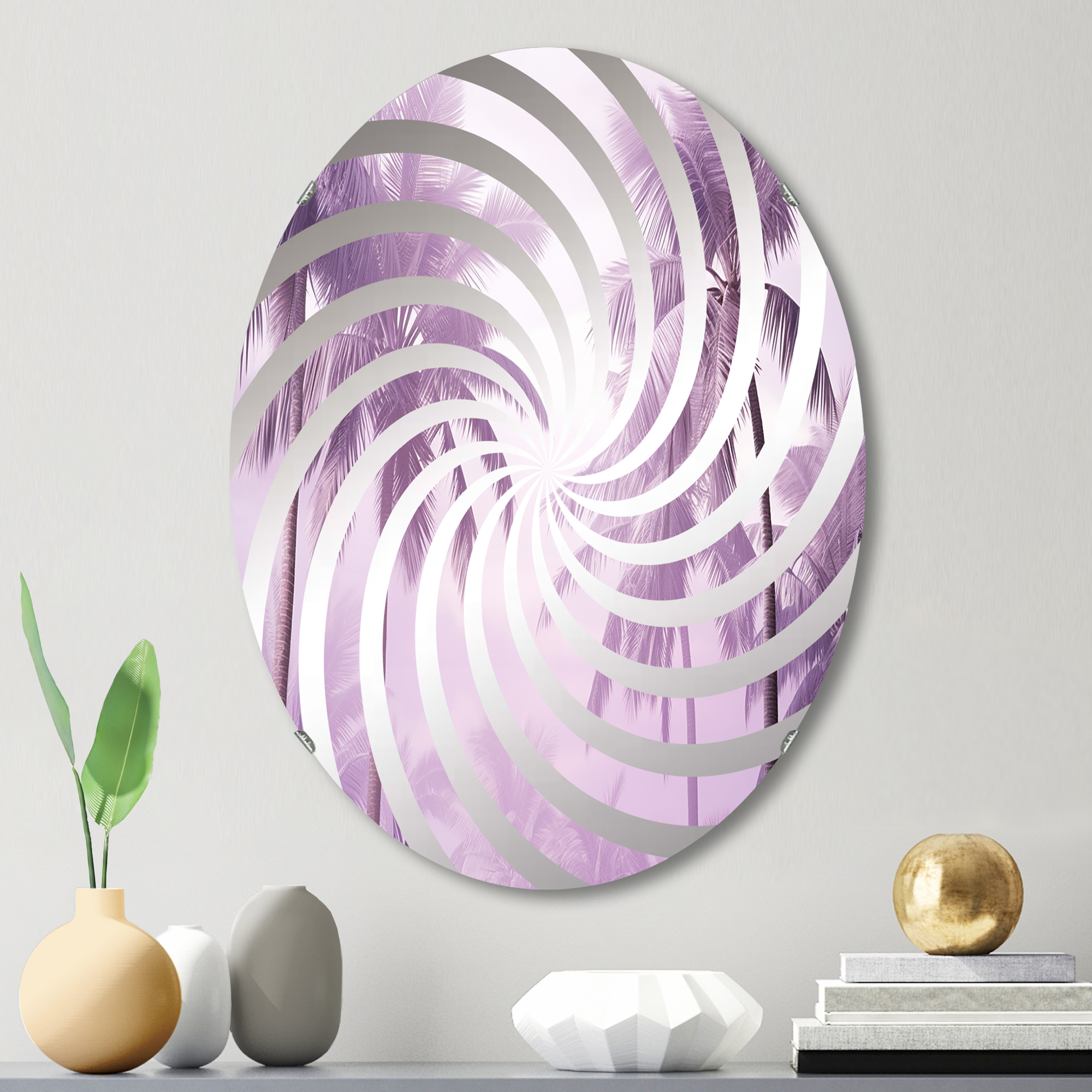 Designart "Lagoon Amidst Lavender Jungle Palm Trees" Palms & Palm Trees Vortex Round Wall Mirror ...