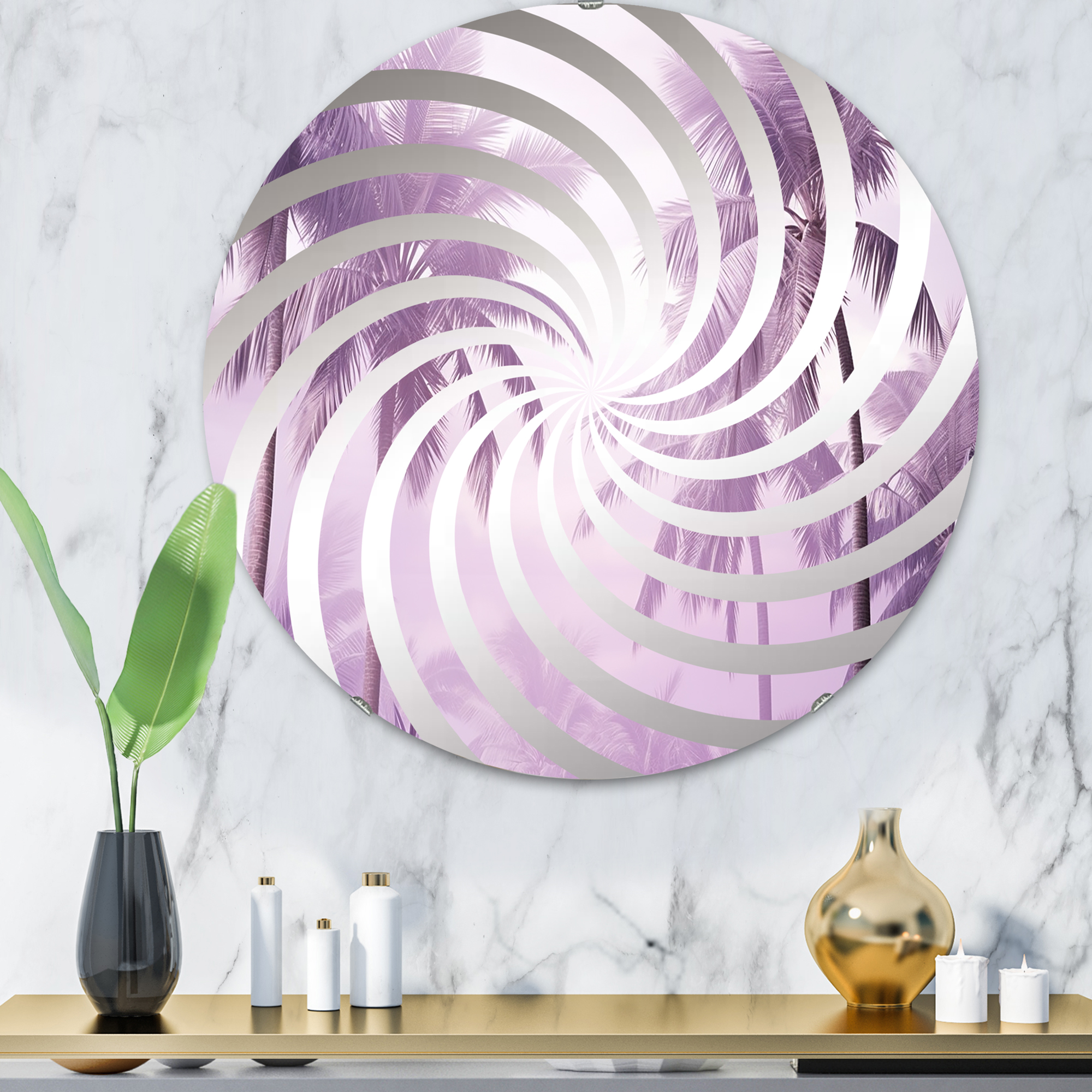 Designart "Lagoon Amidst Lavender Jungle Palm Trees" Palms & Palm Trees Vortex Round Wall Mirror ...