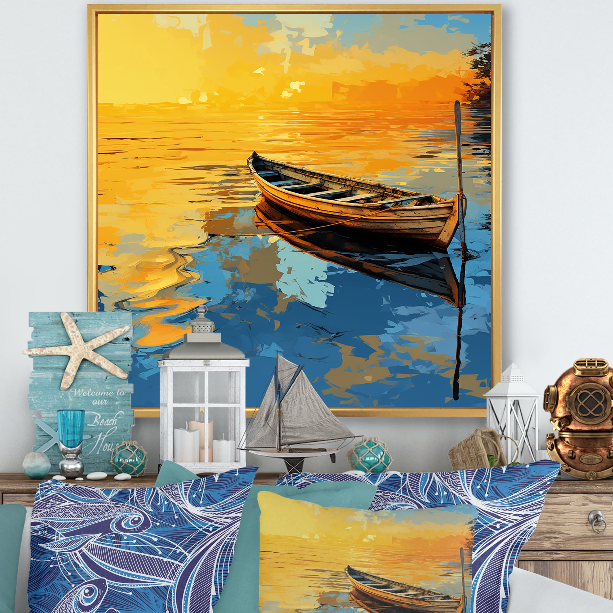 Designart "Lake Boating in Yellow and Blue" Coastal Framed Wall Art ...