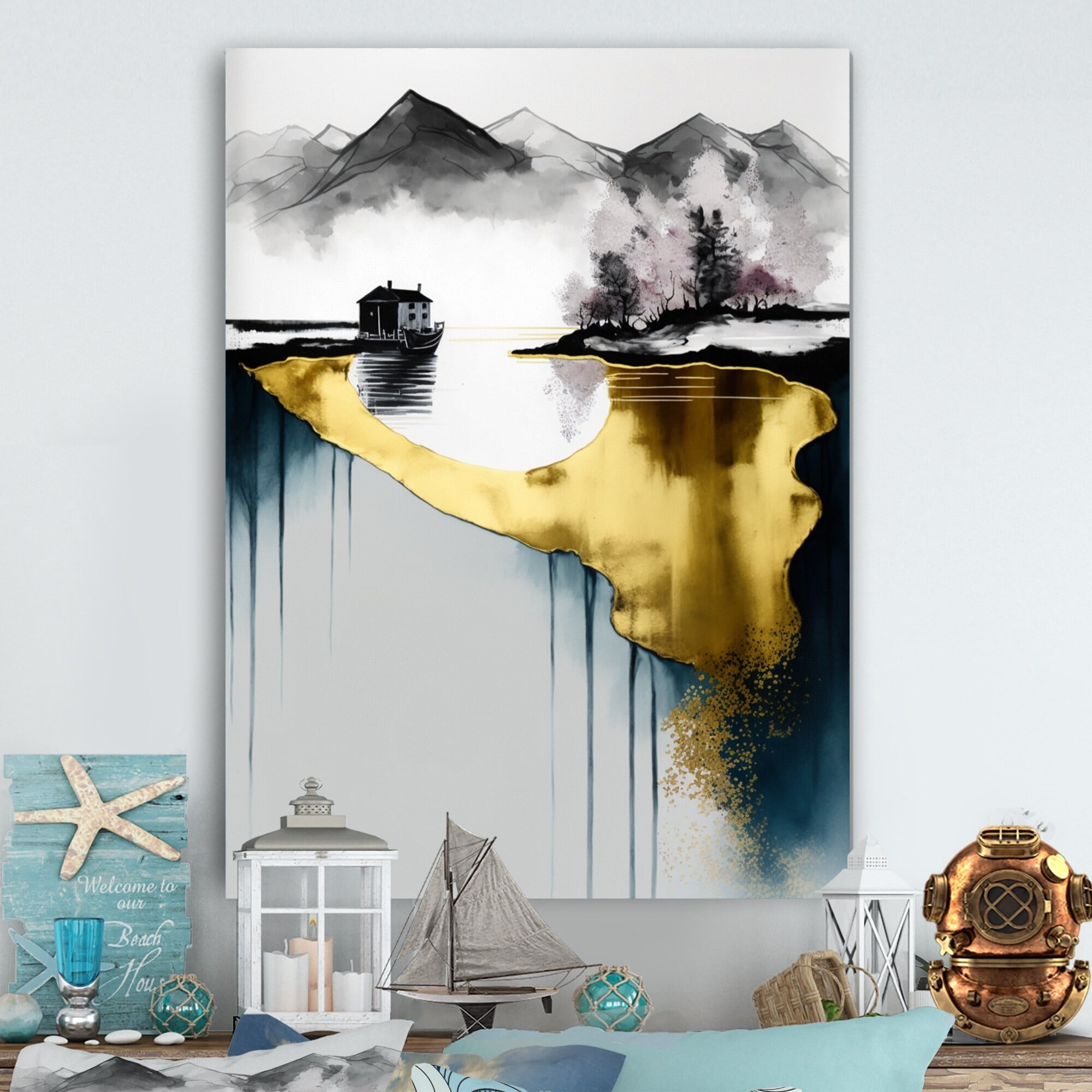Designart "Lakehouse Gold and Blue II" Landscape Lake House Metal Art ...